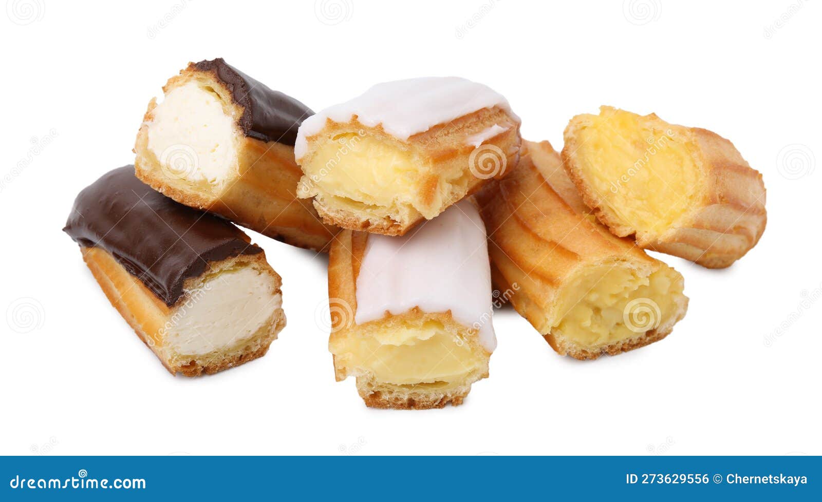 Many Cut Delicious Eclairs Isolated on White Stock Photo - Image of ...