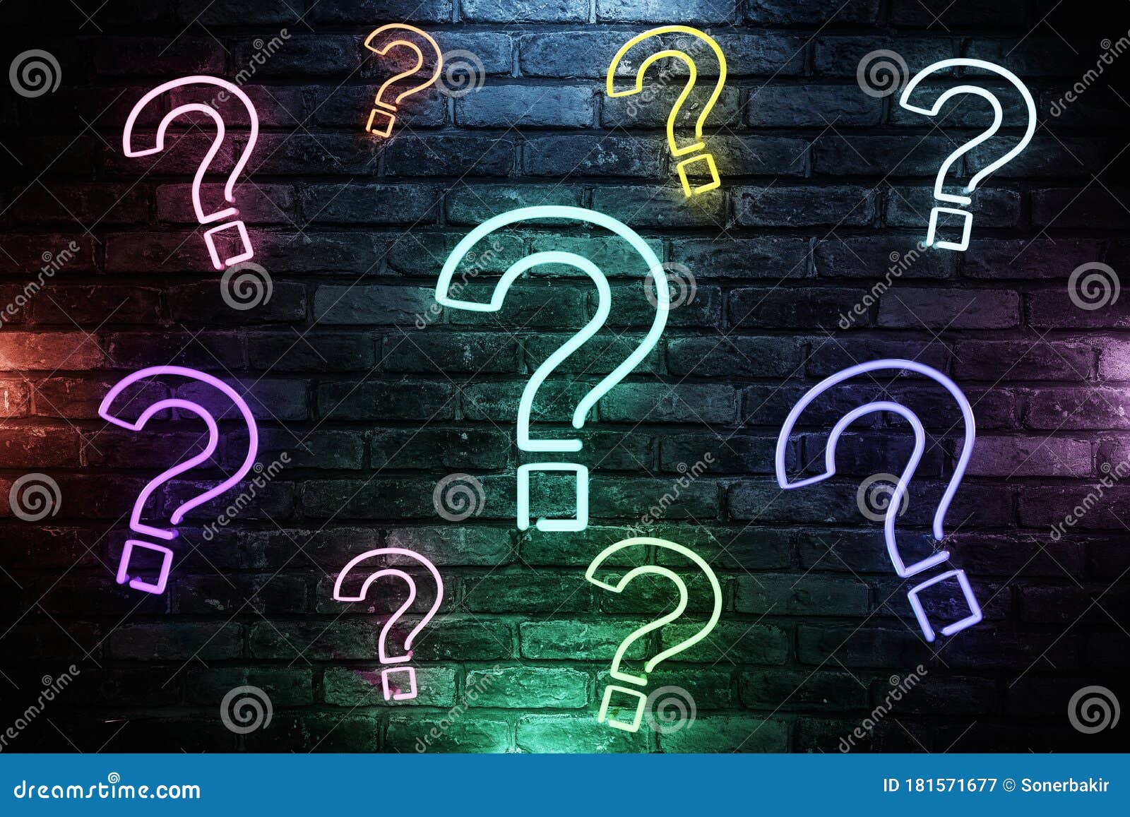 Many 3D Illustrated Question Mark with Led Light on Brick Wall ...