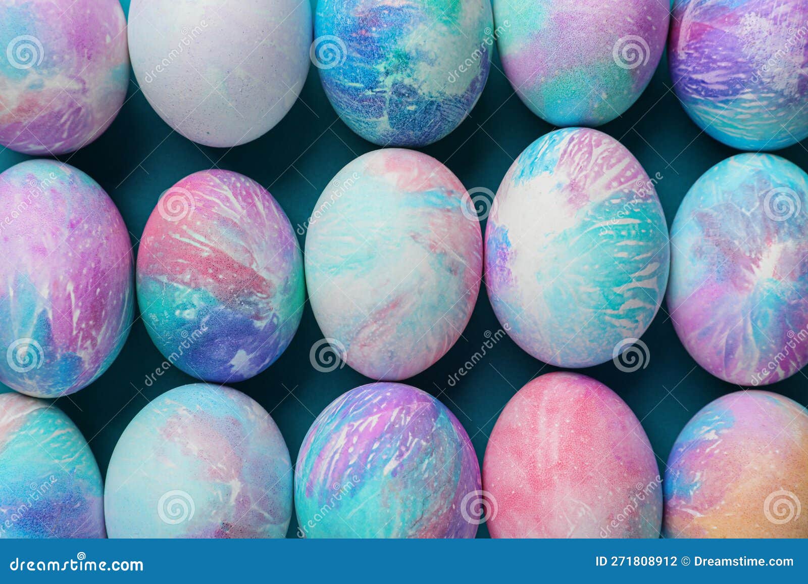 Many Decorated Easter Eggs on Turquoise Background, Flat Lay Stock ...