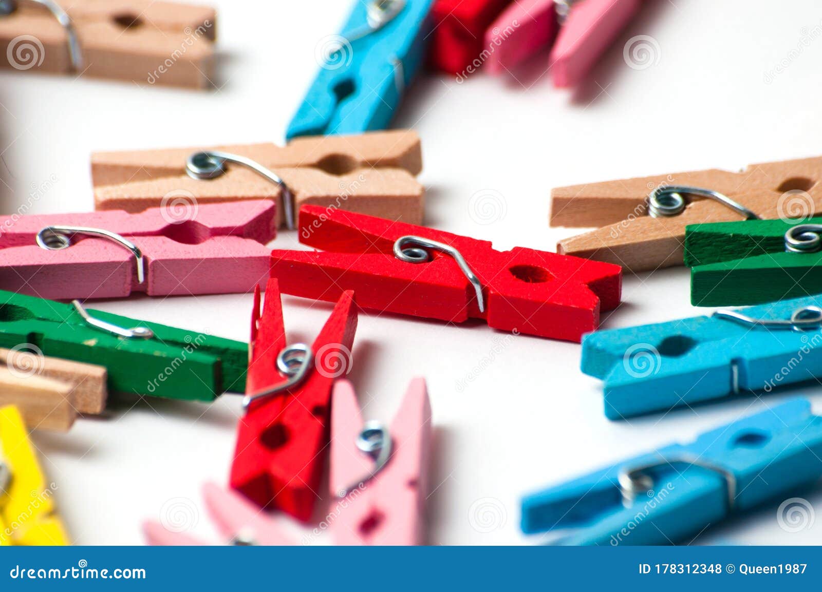Many Decorative Colored Pegs on White Background, Macro Closeup Stock ...