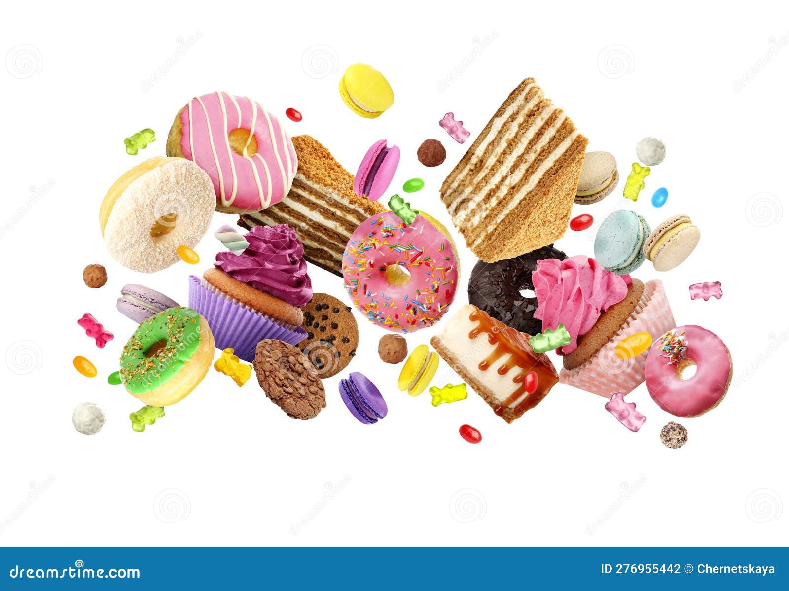Many Delicious Sweets Falling on White Background Stock Photo - Image ...