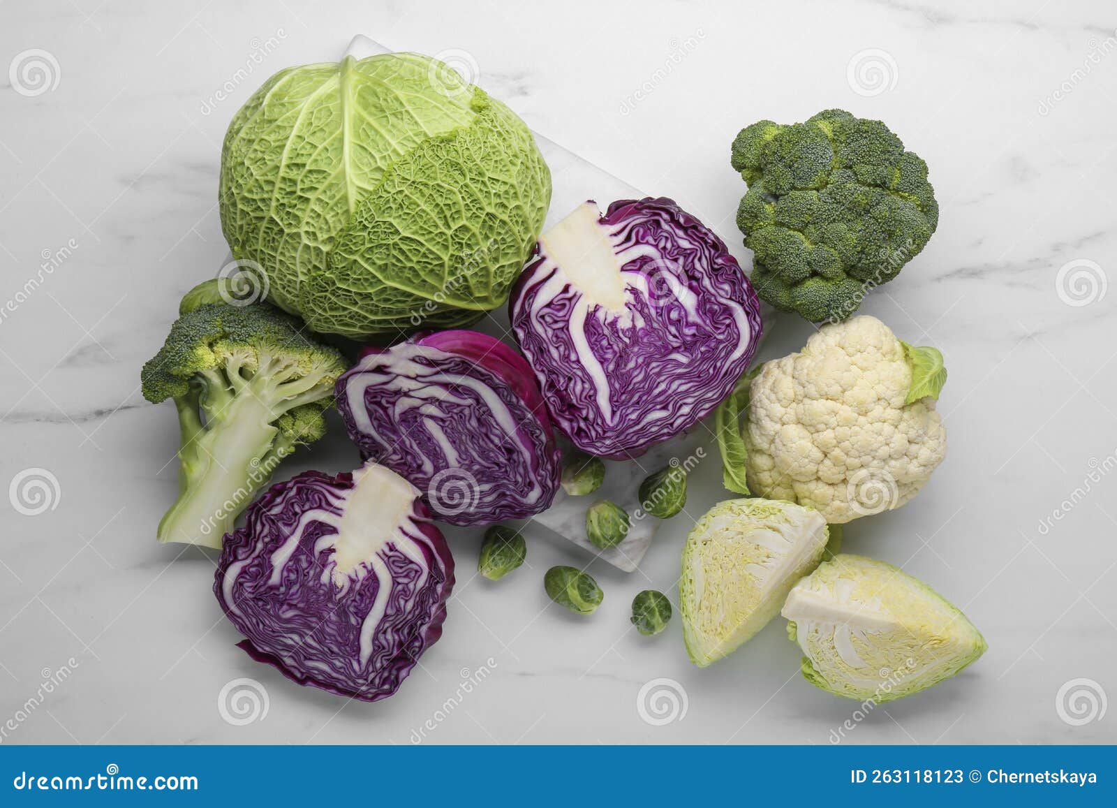 Many Different Cabbage Types on White Marble Table, Flat Lay Stock ...