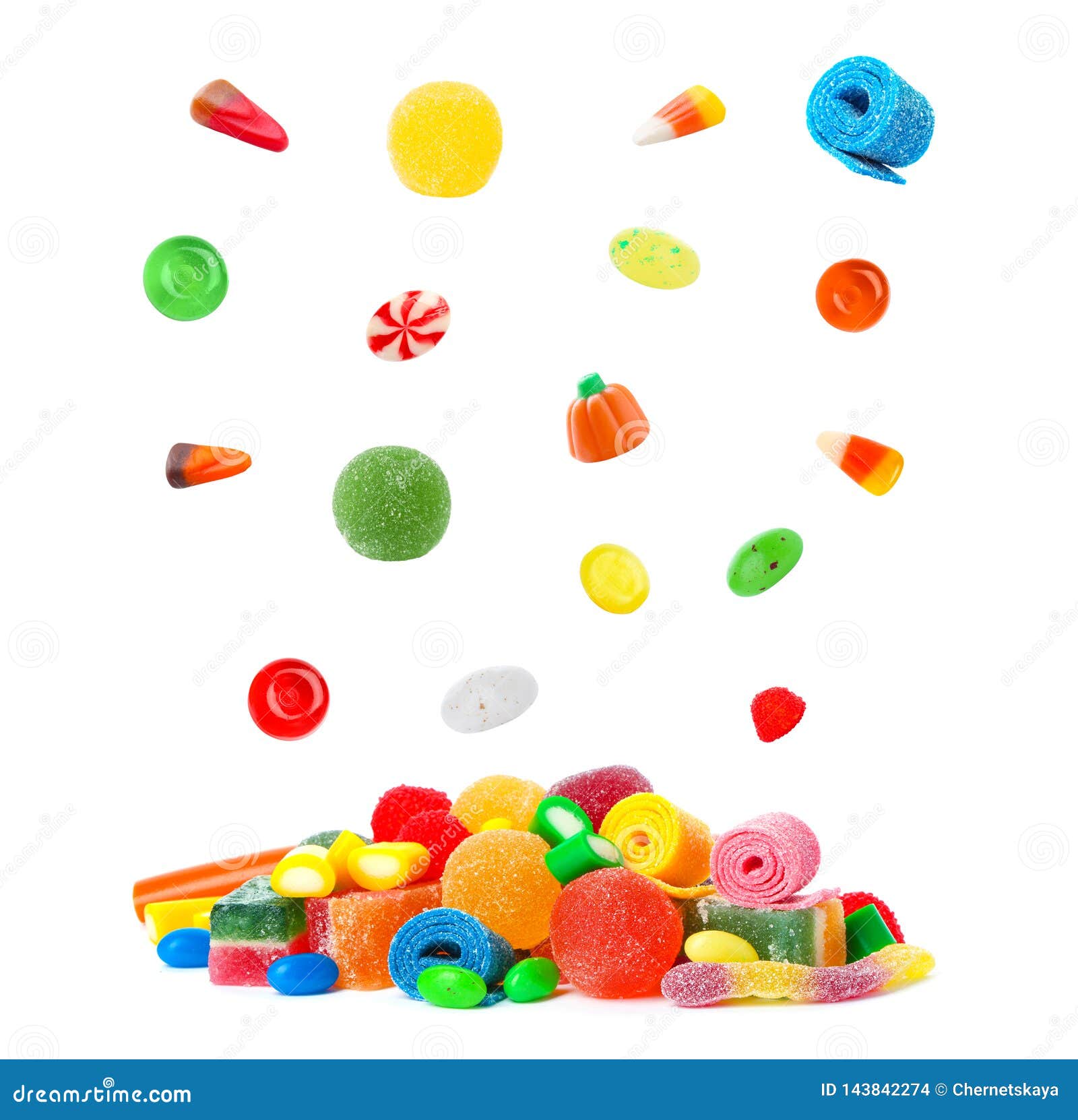 Many Different Candies Falling into Pile on White Stock Photo - Image ...