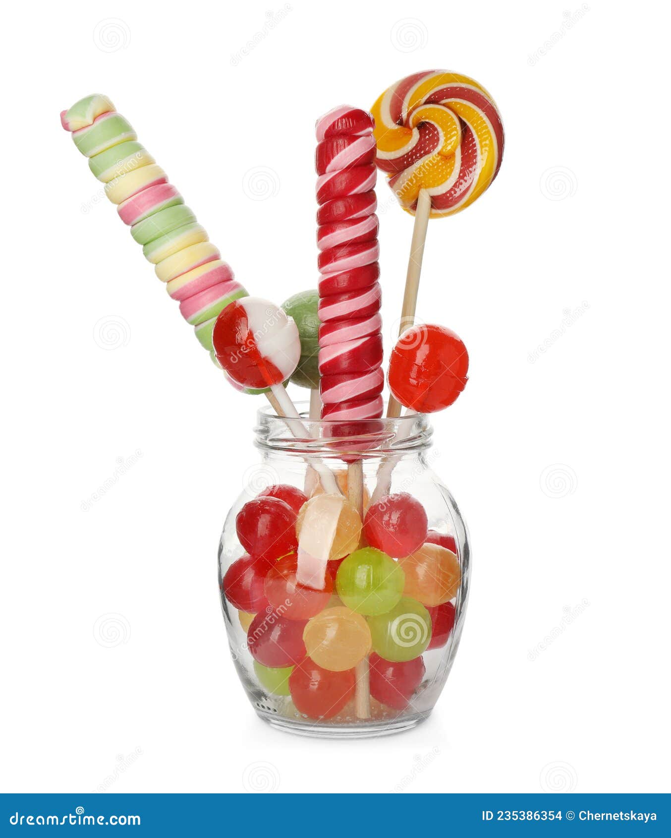 Many Different Candies in Glass Jar Isolated on White Stock Photo ...