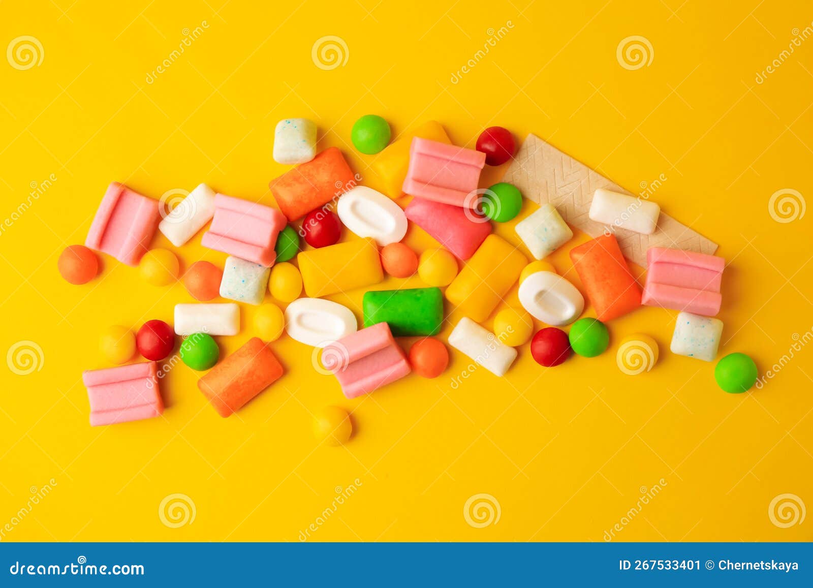 Many Different Chewing Gums on Yellow Background, Flat Lay Stock Image ...
