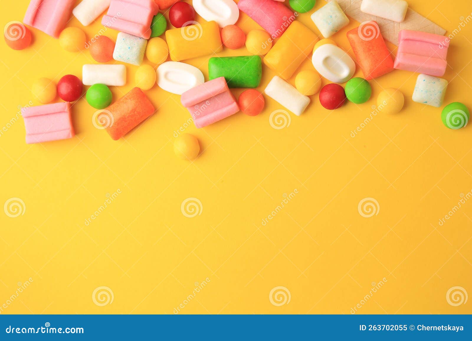 Many Different Chewing Gums on Yellow Background, Flat Lay. Space for ...