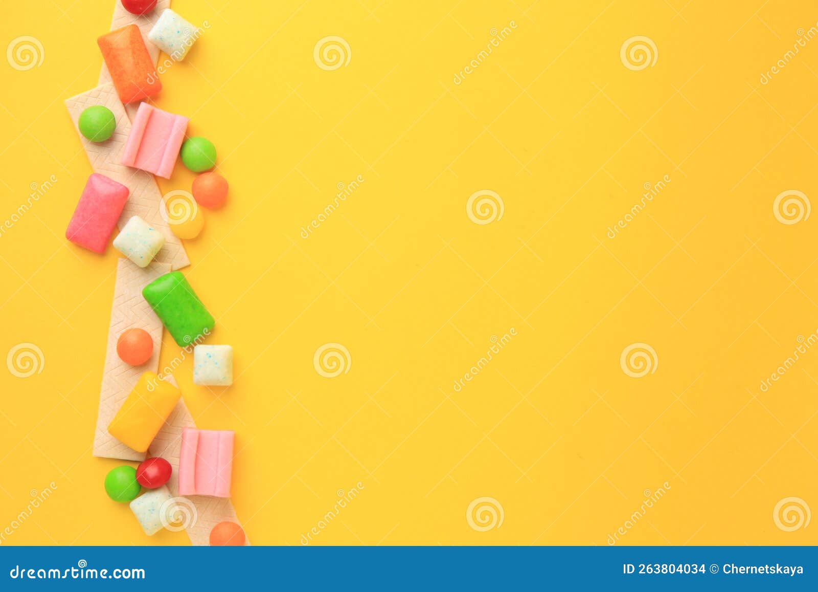 Many Different Chewing Gums on Yellow Background, Flat Lay. Space for ...