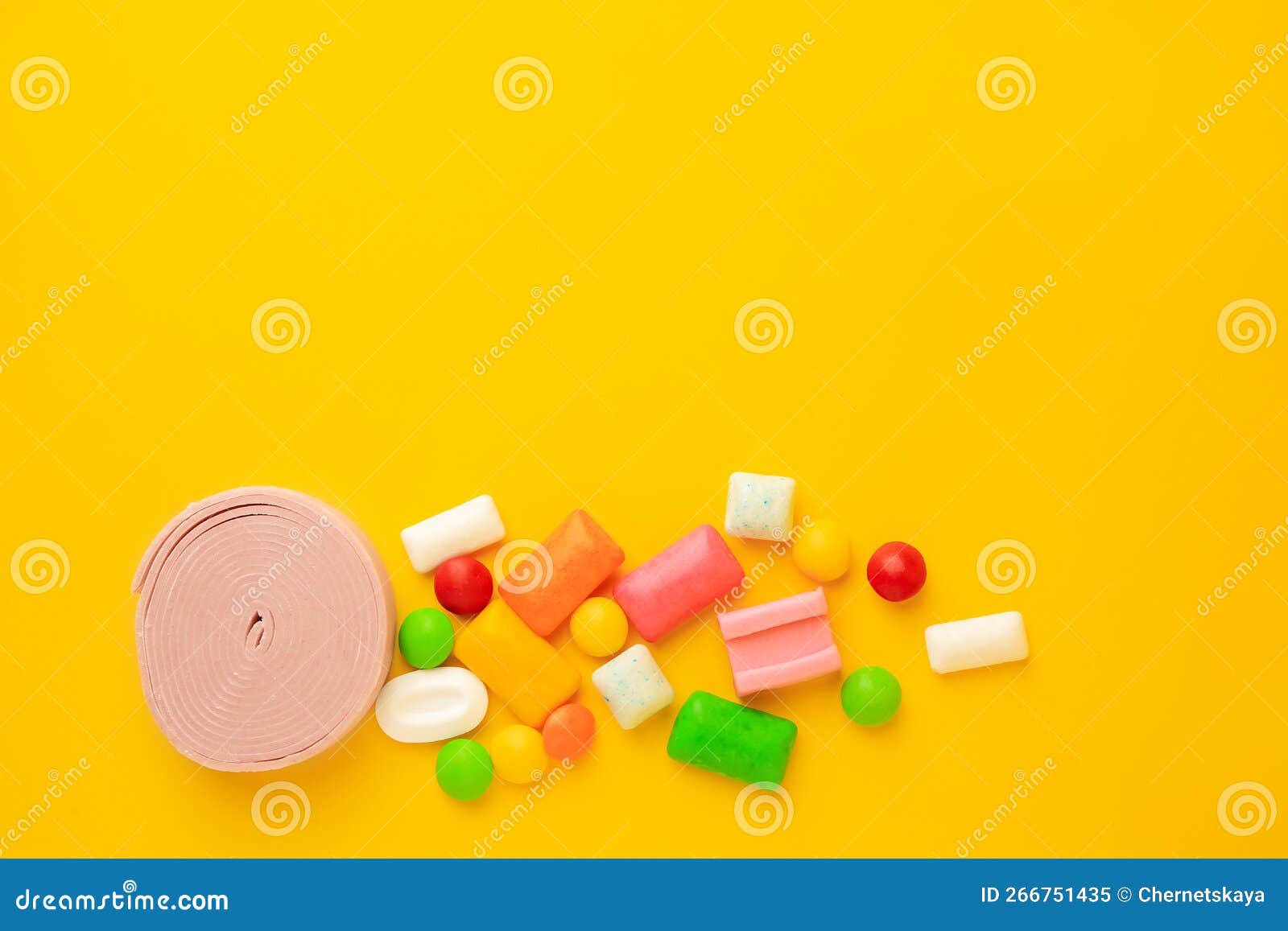Many Different Chewing Gums on Yellow Background, Flat Lay. Space for ...