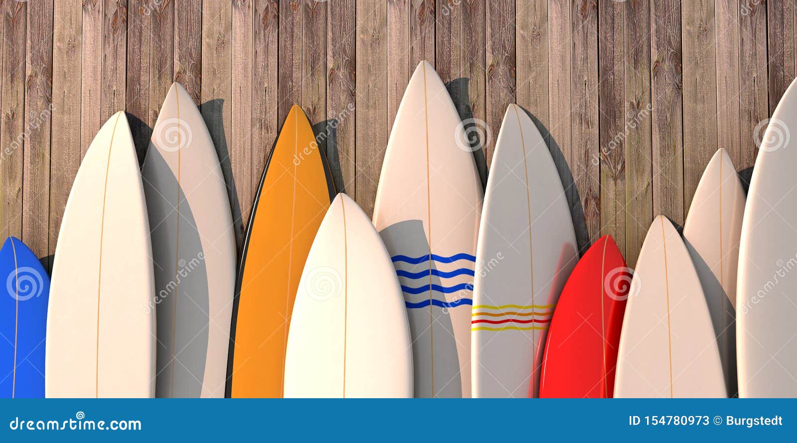 Many Different Colored Surfboards Standing in a Row on a Wooden Wall ...