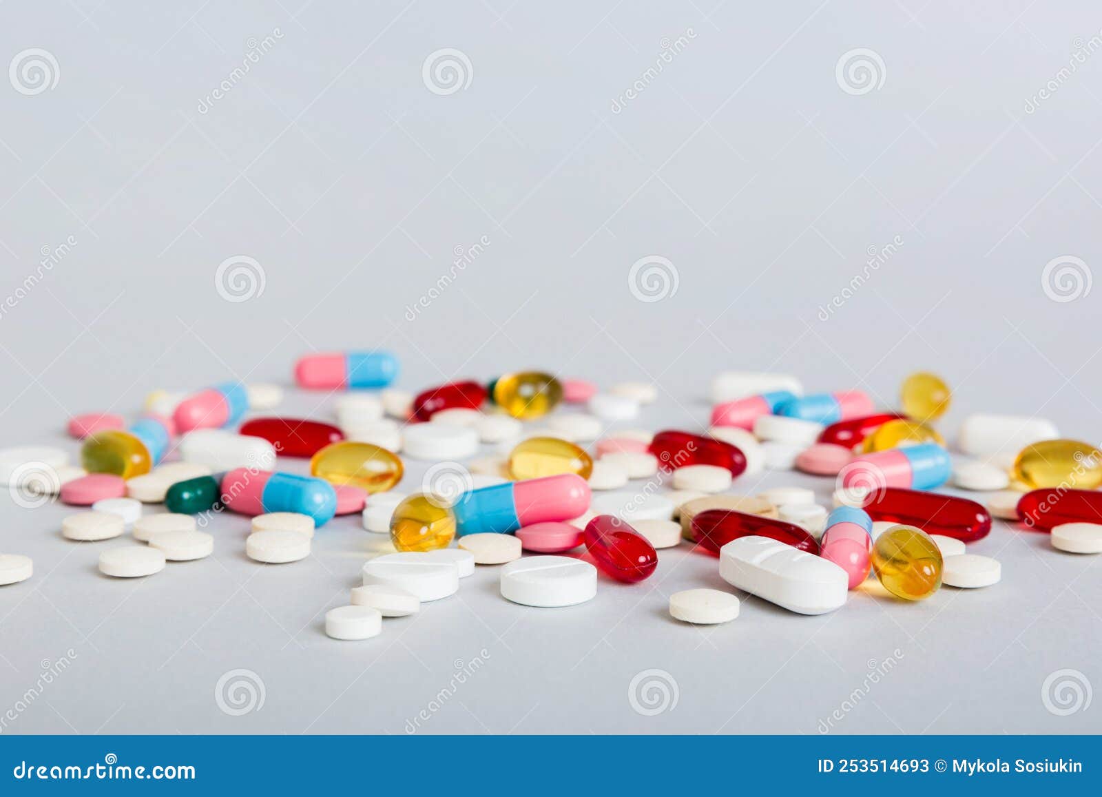 Many Different Colorful Medication and Pills Perspective View. Set of ...