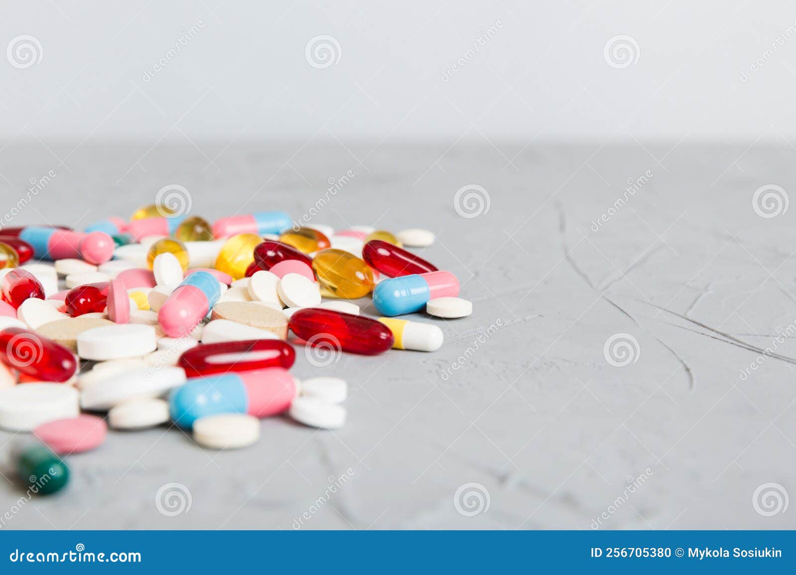 Many Different Colorful Medication and Pills Perspective View. Set of ...