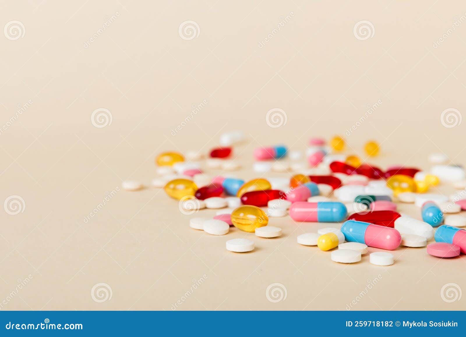 Many Different Colorful Medication and Pills Perspective View. Set of ...
