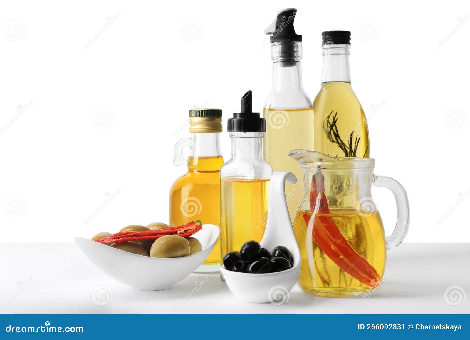 Many Different Cooking Oils and Olives on White Background Stock Image ...