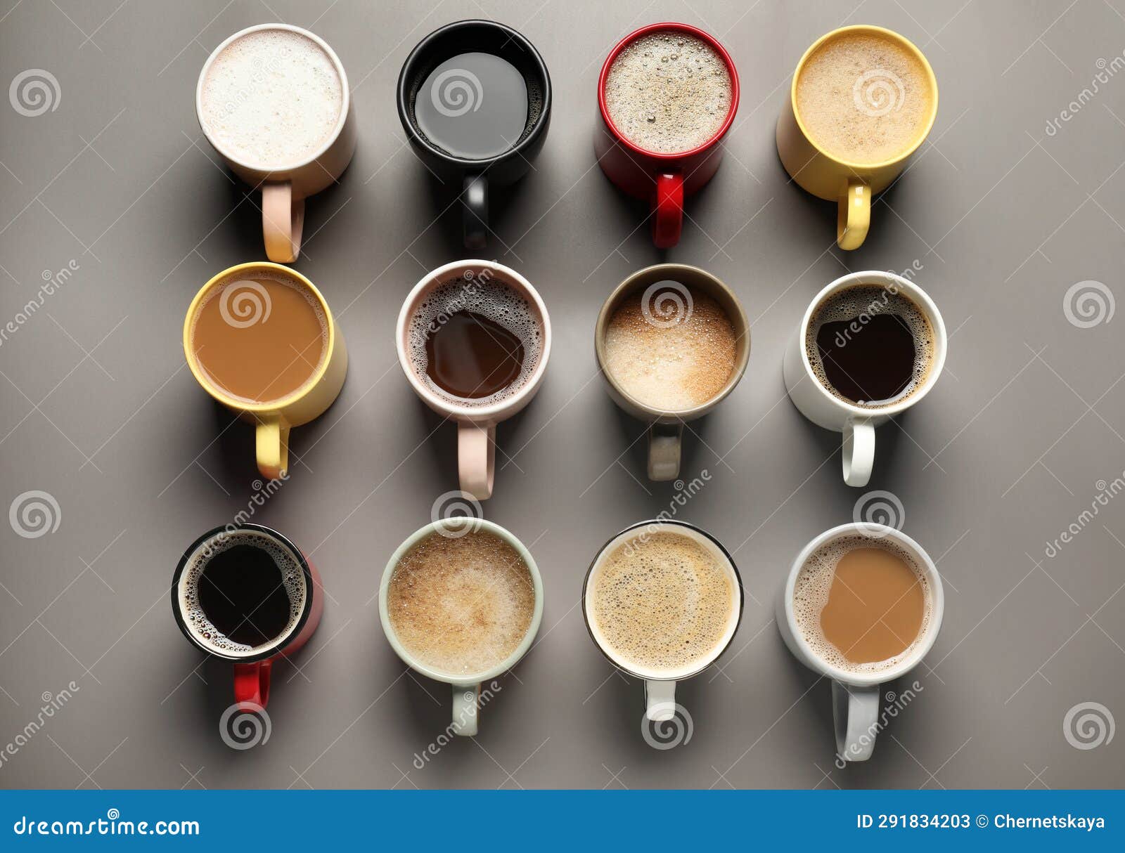 Many Different Cups with Aromatic Coffee on Grey Table, Flat Lay Stock ...