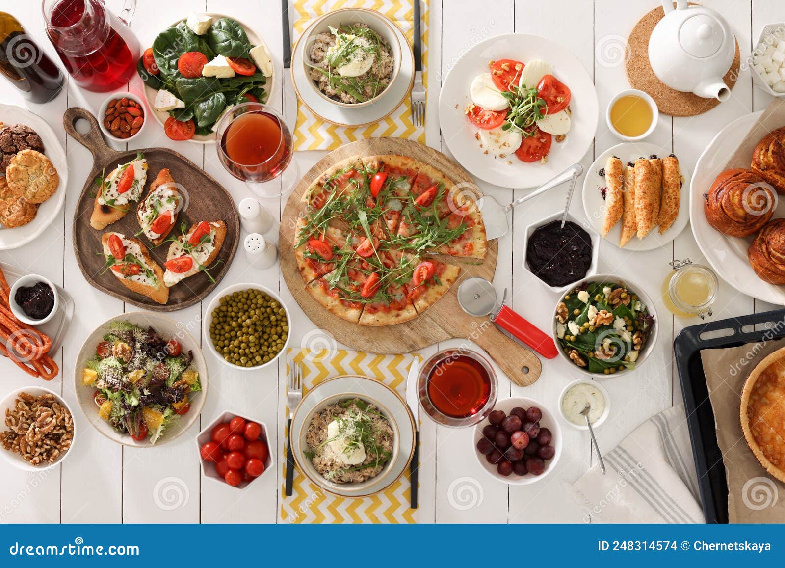 Many Different Dishes Served on Buffet Table for Brunch, Flat Lay Stock ...