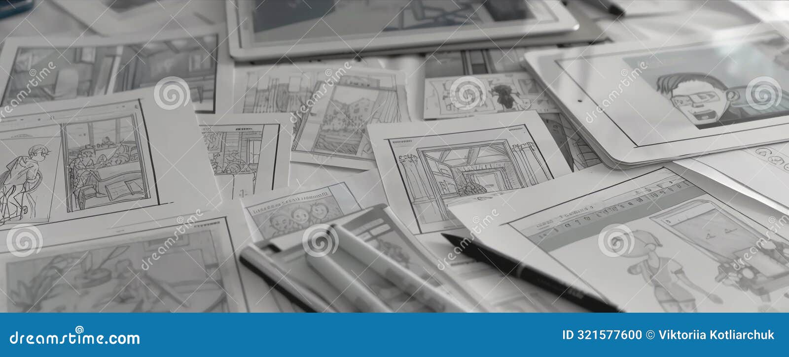 Many Different Drawings on White Paper on the Table Stock Illustration ...