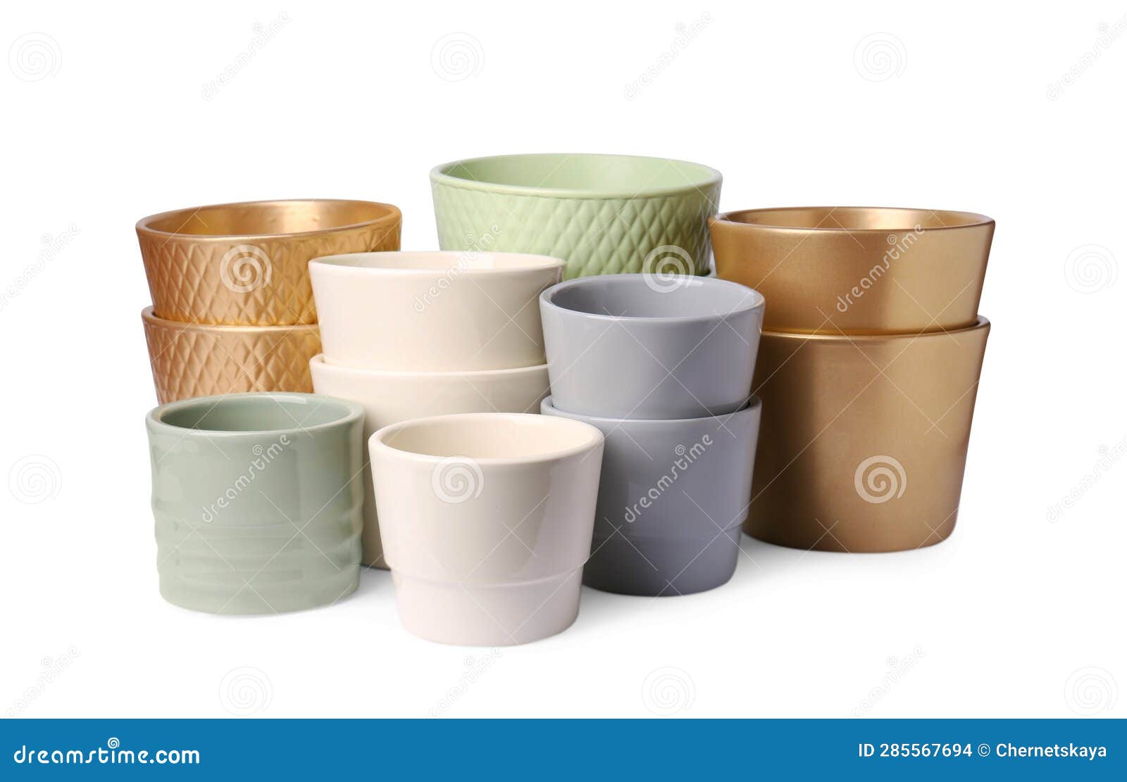 Many Different Empty Ceramic Flower Pots on White Background Stock ...