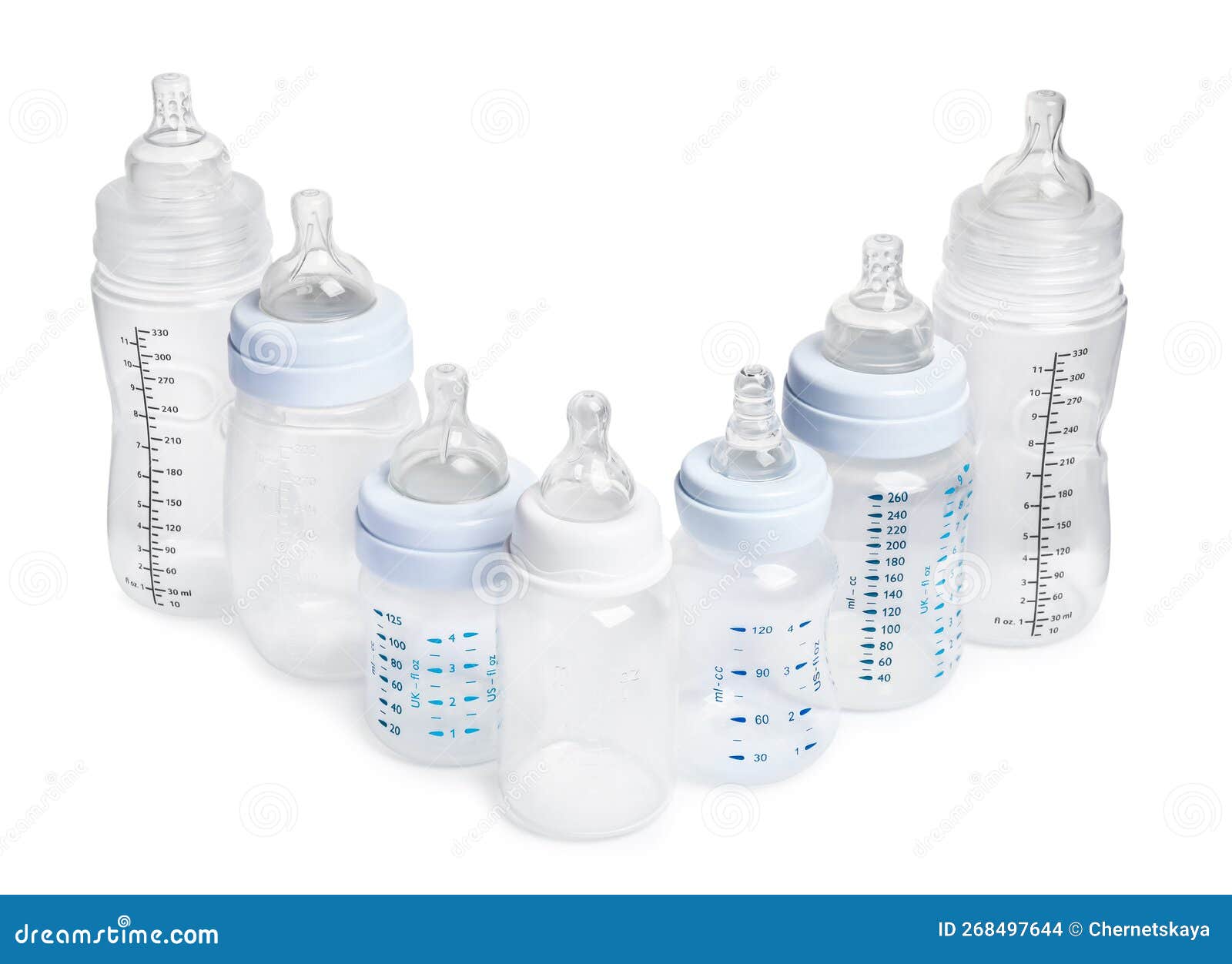 Many Different Empty Feeding Bottles for Baby Milk on White Background ...