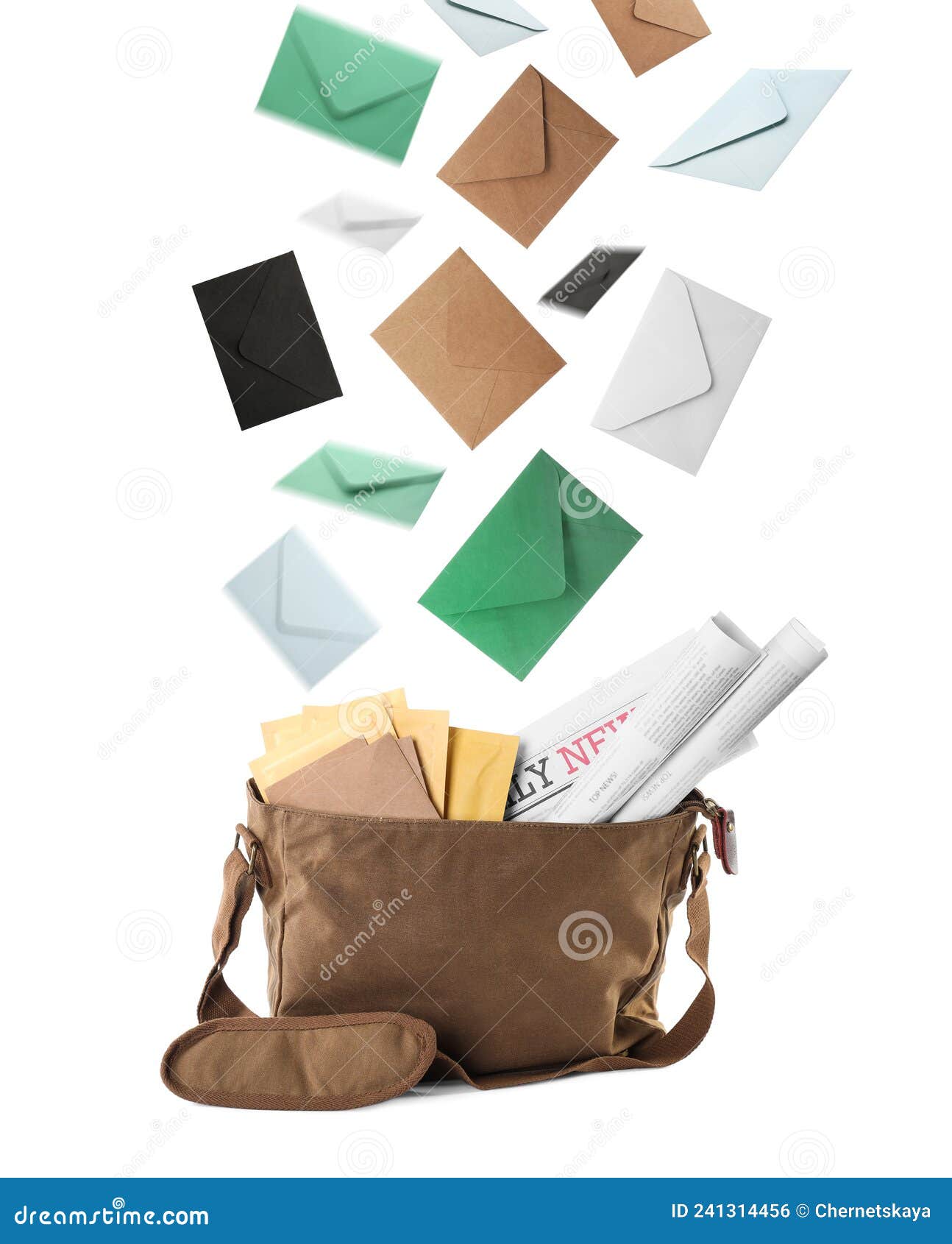 Many Different Envelopes Falling into Brown Postman`s Bag on White ...