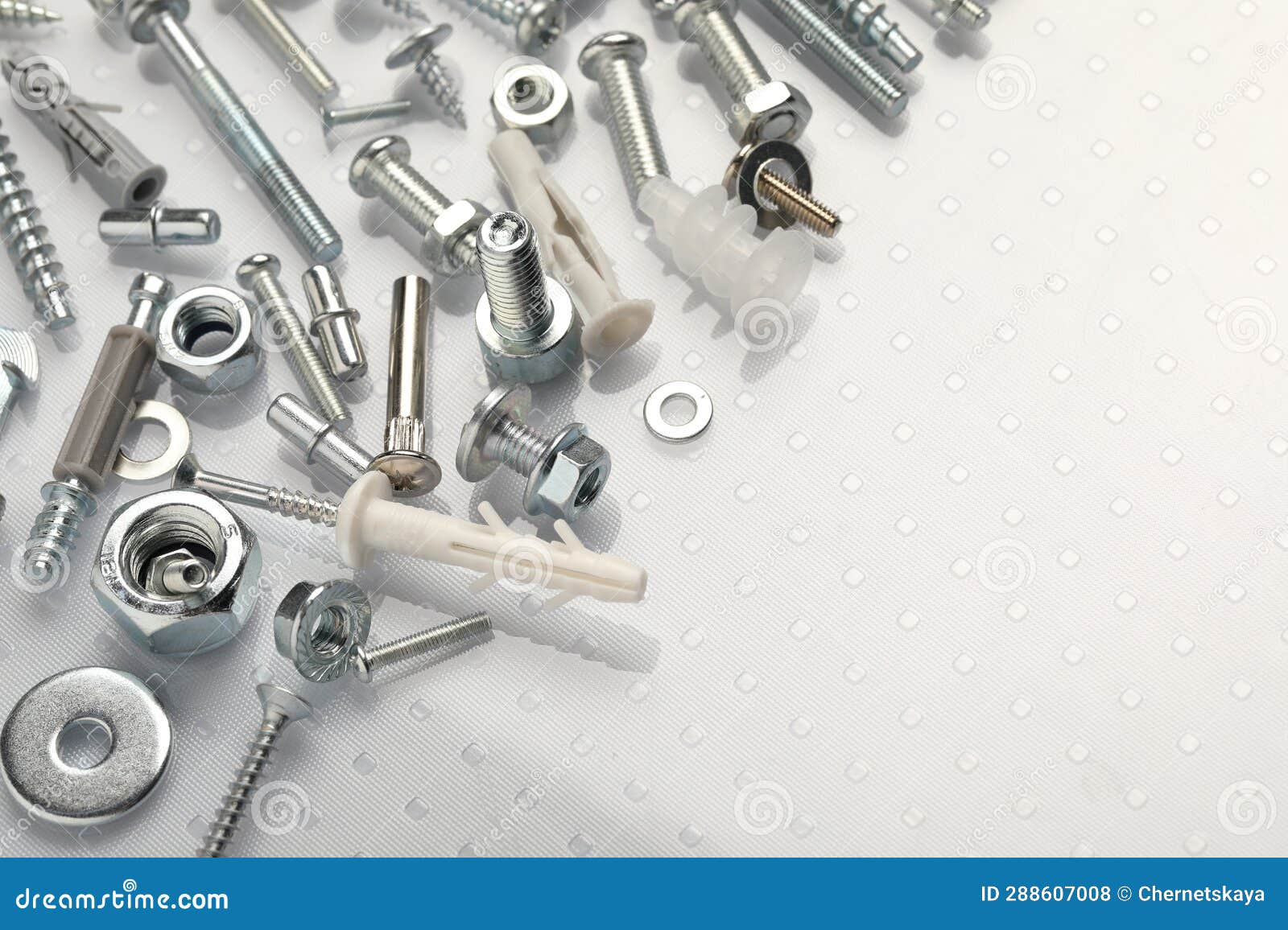 Many Different Fasteners on Plastic Surface, Closeup. Space for Text ...
