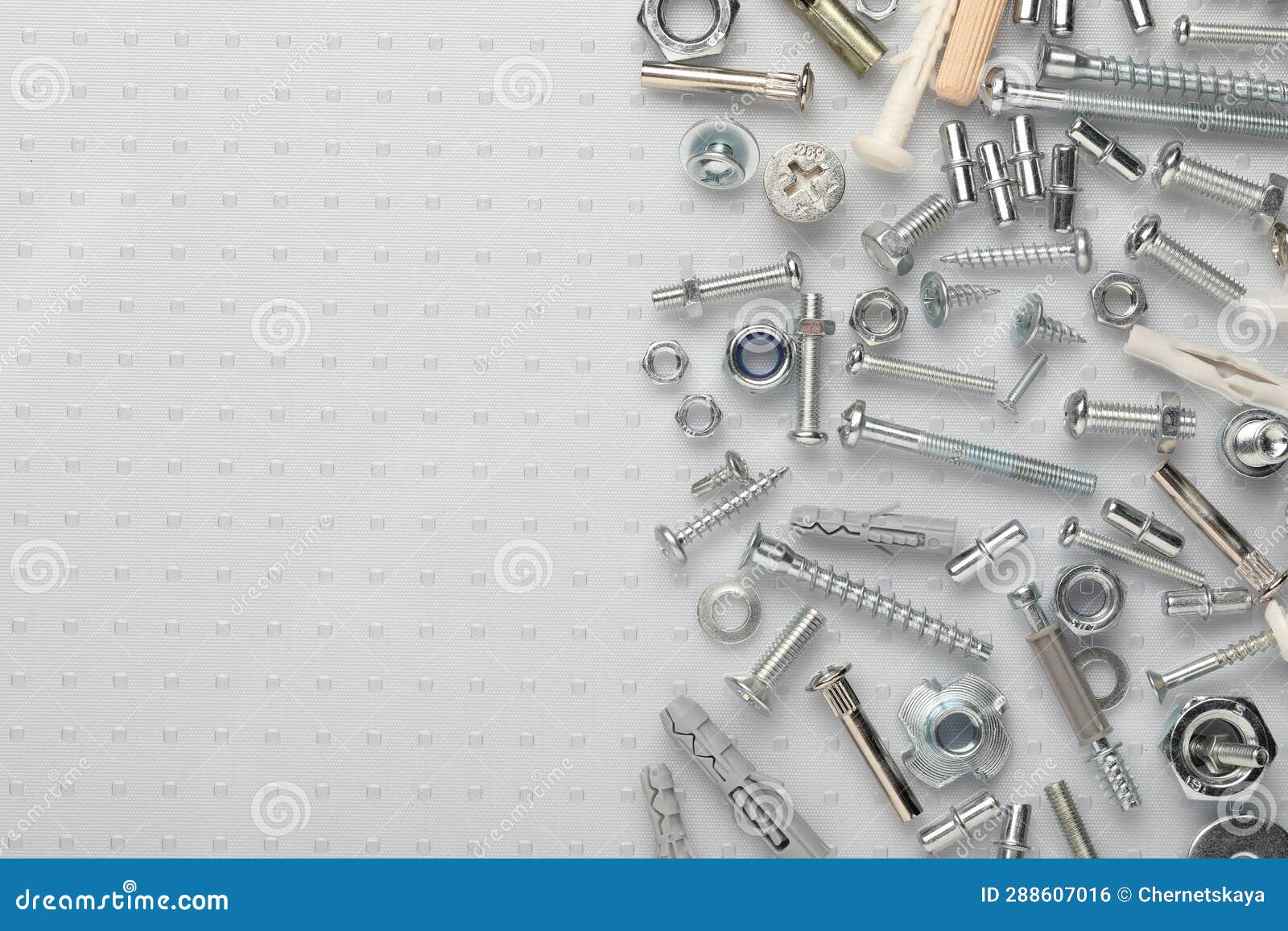 Many Different Fasteners on Plastic Surface, Flat Lay. Space for Text ...