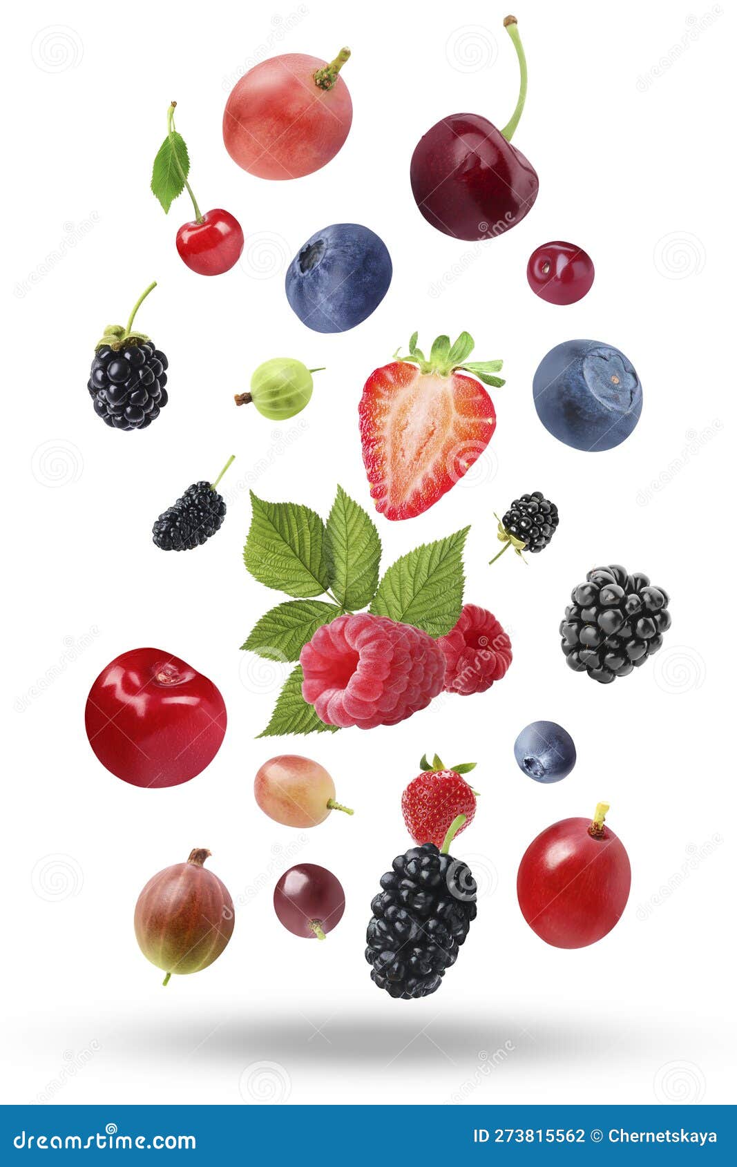 Many Different Fresh Berries Falling on White Background Stock Photo ...