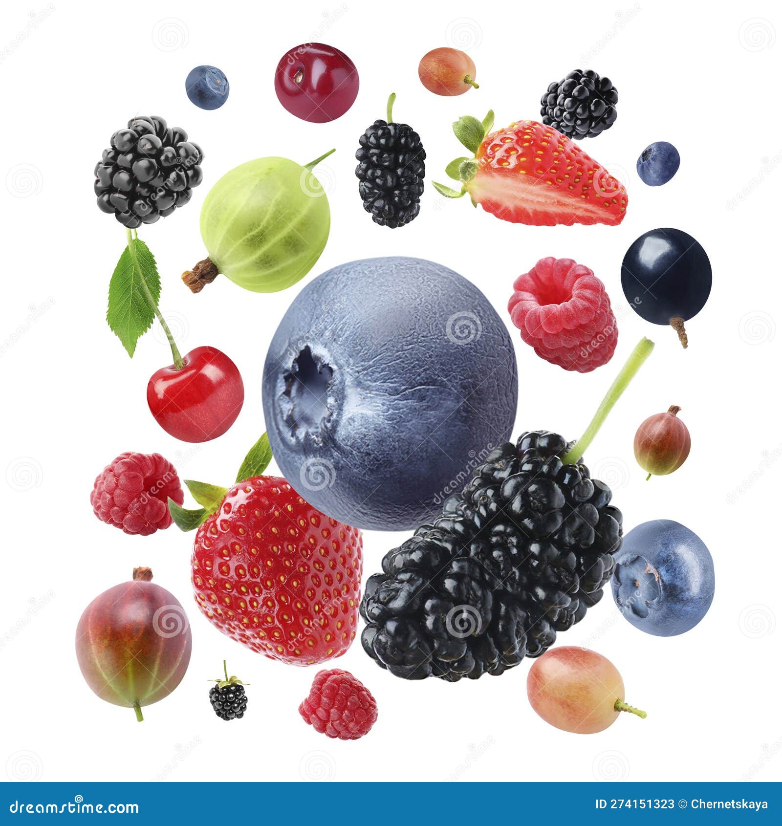 Many Different Fresh Berries Falling on White Background Stock Image ...