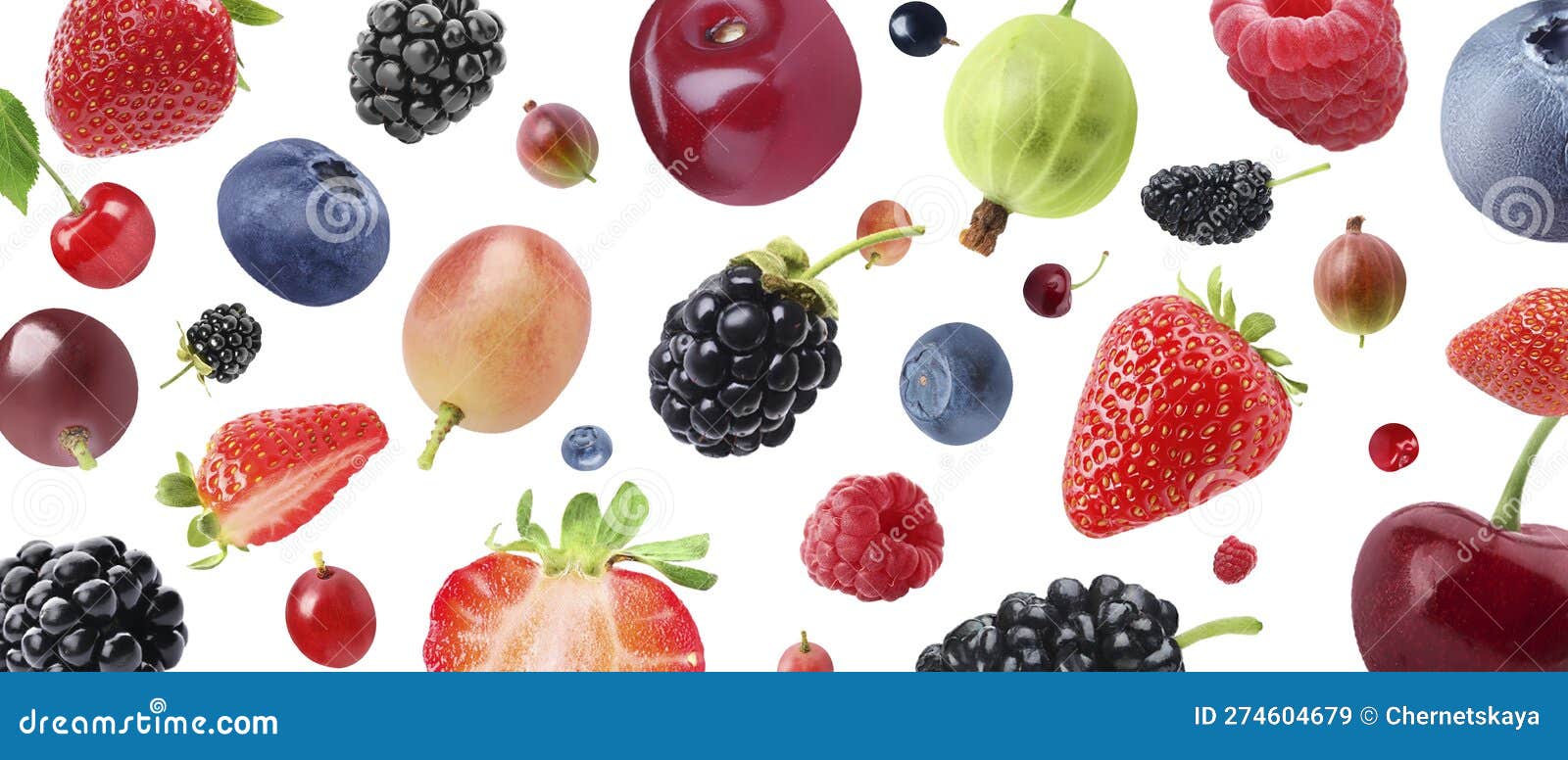 Many Different Fresh Berries Falling on White Background Stock Image ...
