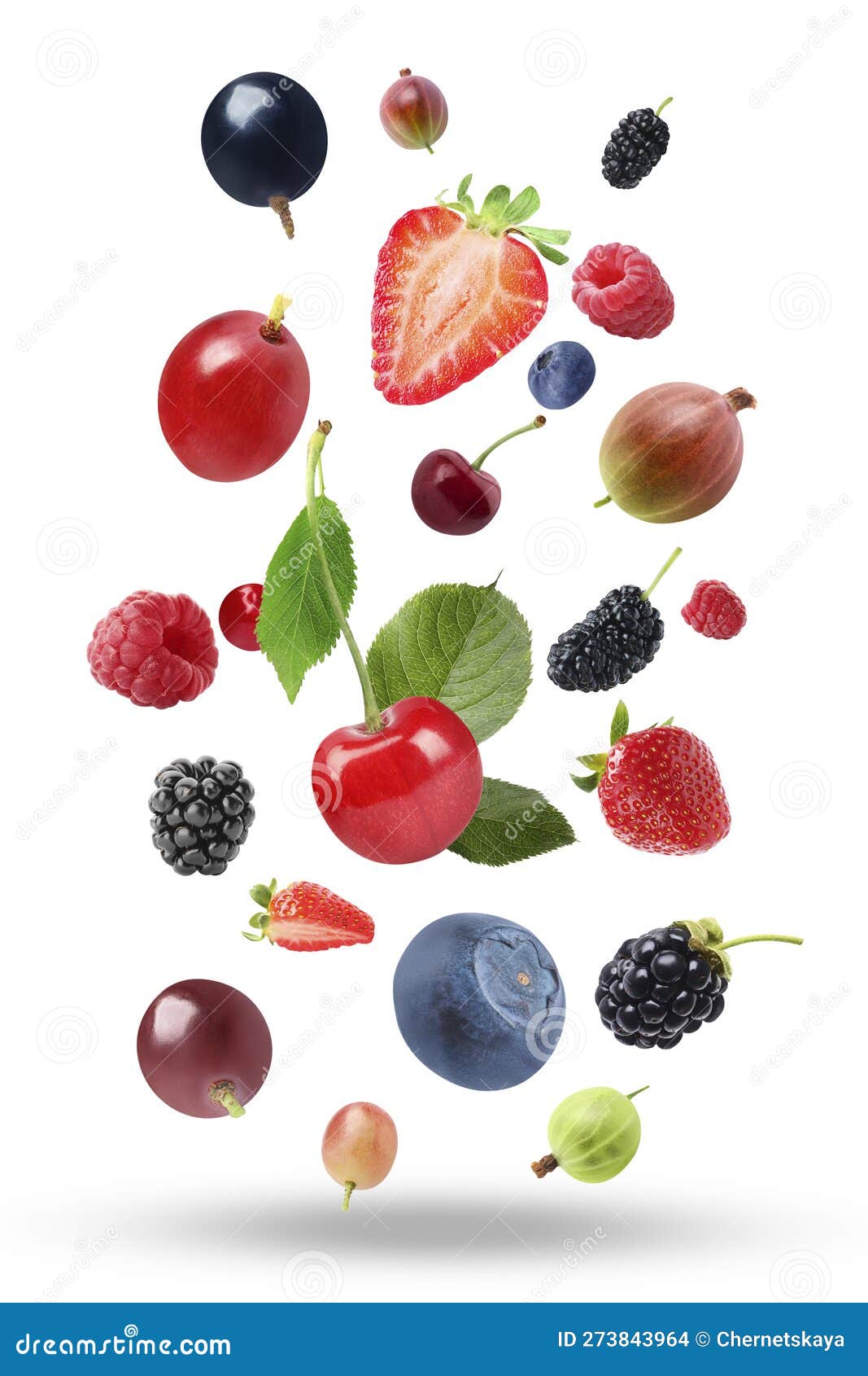 Many Different Fresh Berries Falling on White Background Stock Photo ...