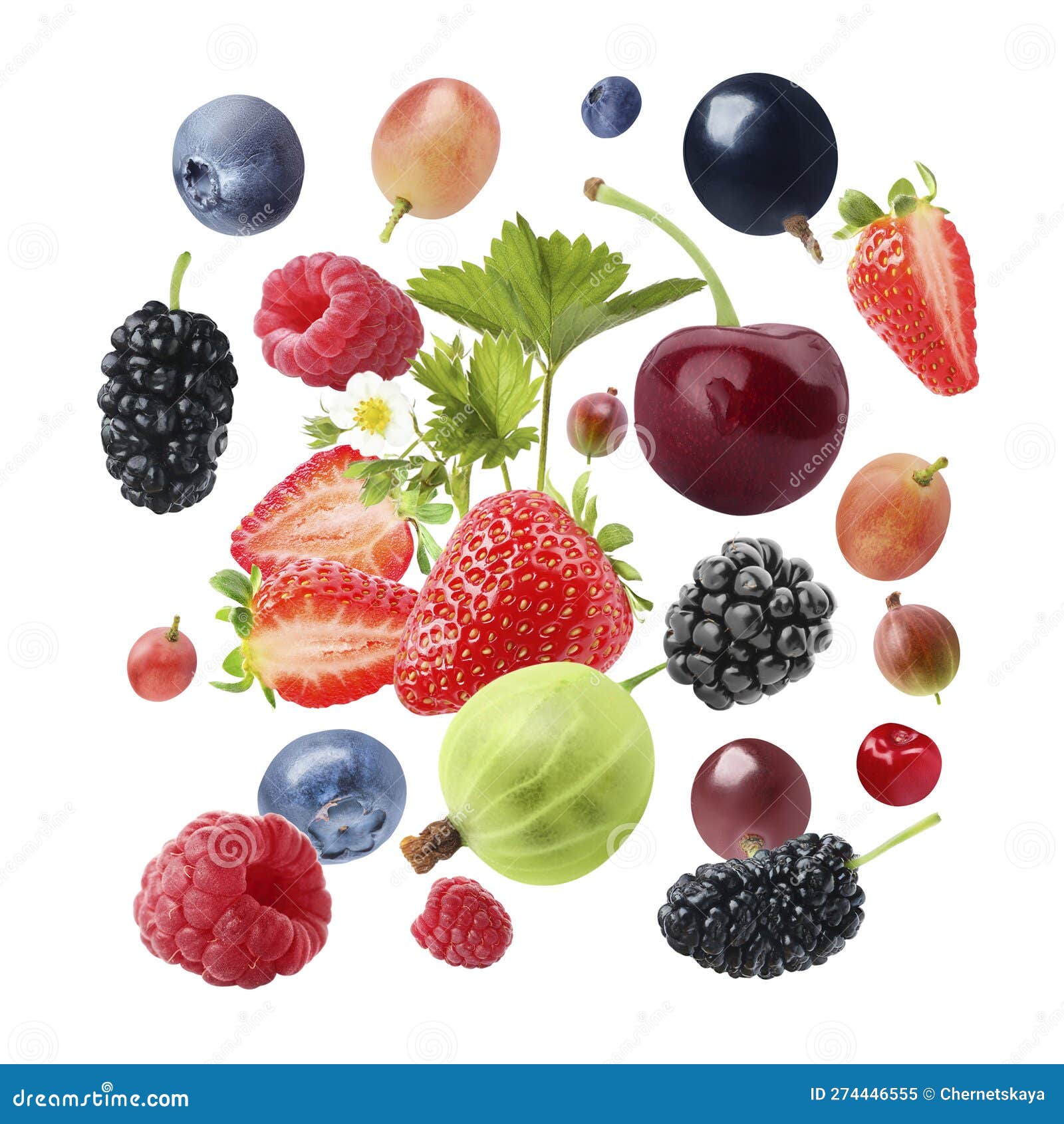 Many Different Fresh Berries Falling on White Background Stock Image ...