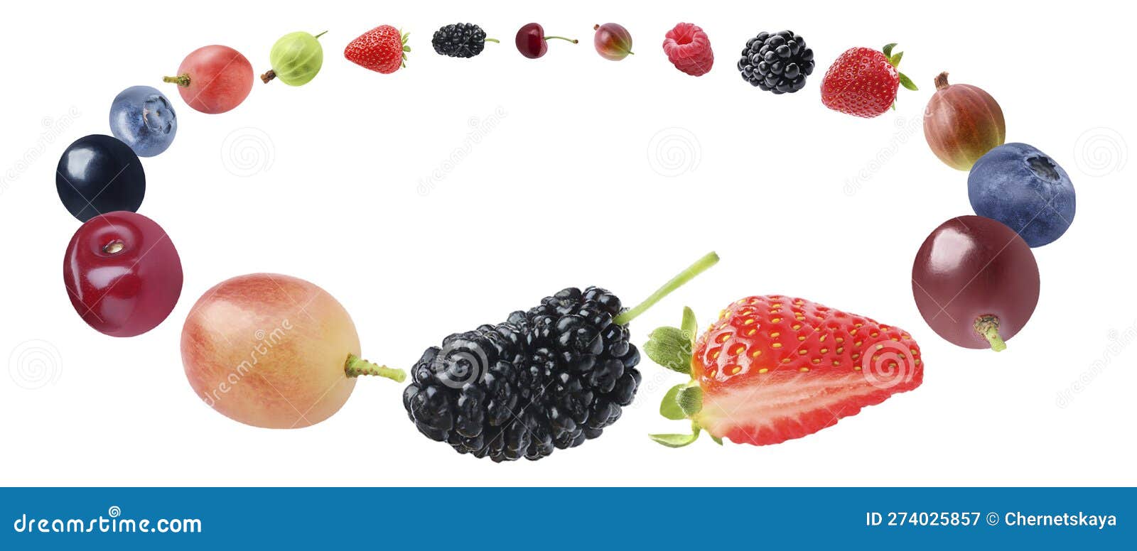 Many Different Fresh Berries Flying in Circle on White Background Stock ...