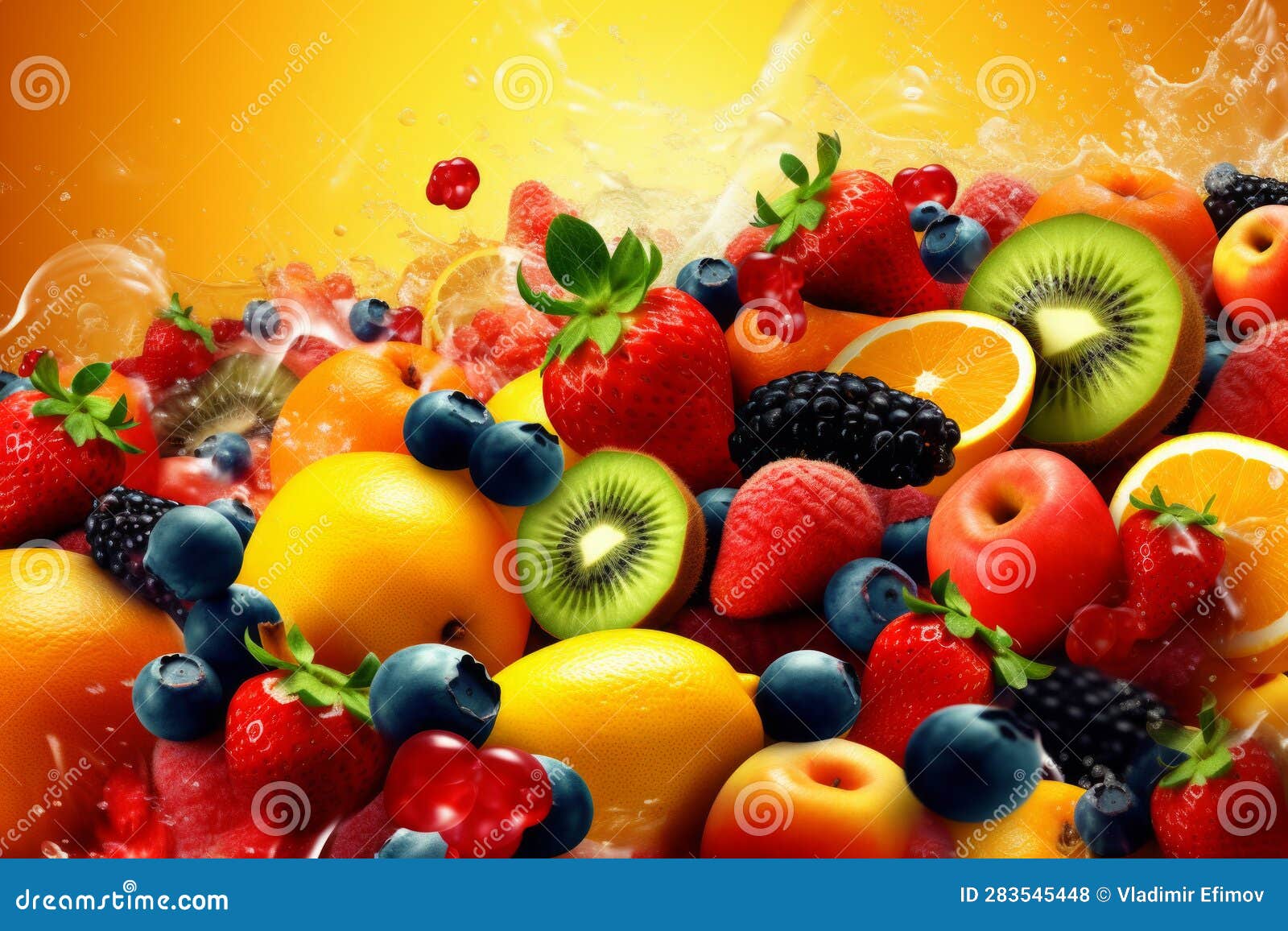 Many Different Fruit on the Ground, Several Fresh Fruit with a Splash ...