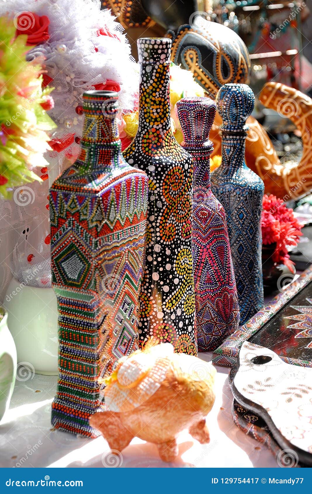 Many Different Glass Bottles Painted with Multicolor Dots Stock Image ...