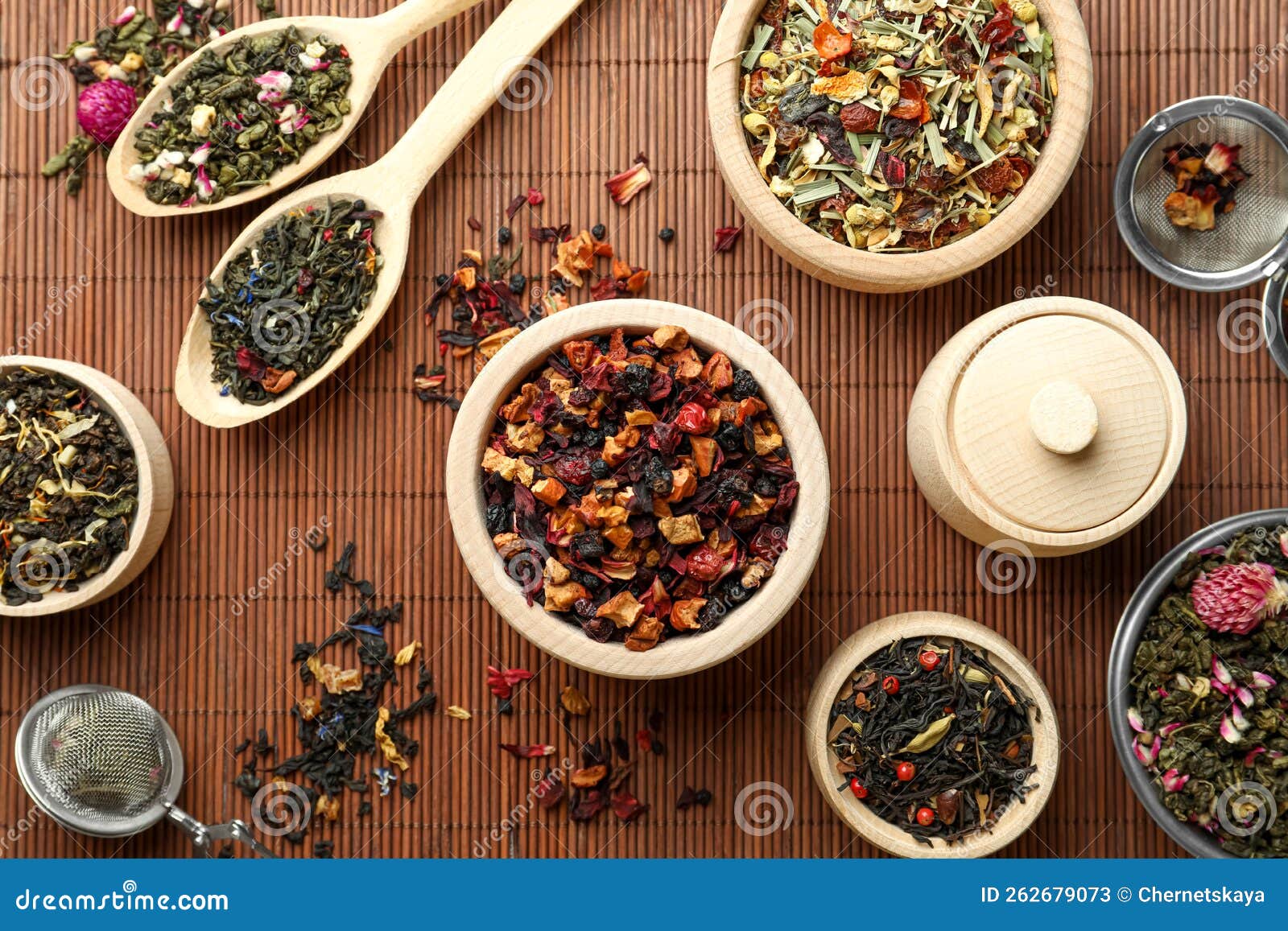 Many Different Herbal Teas on Bamboo Mat, Flat Lay Stock Image - Image ...