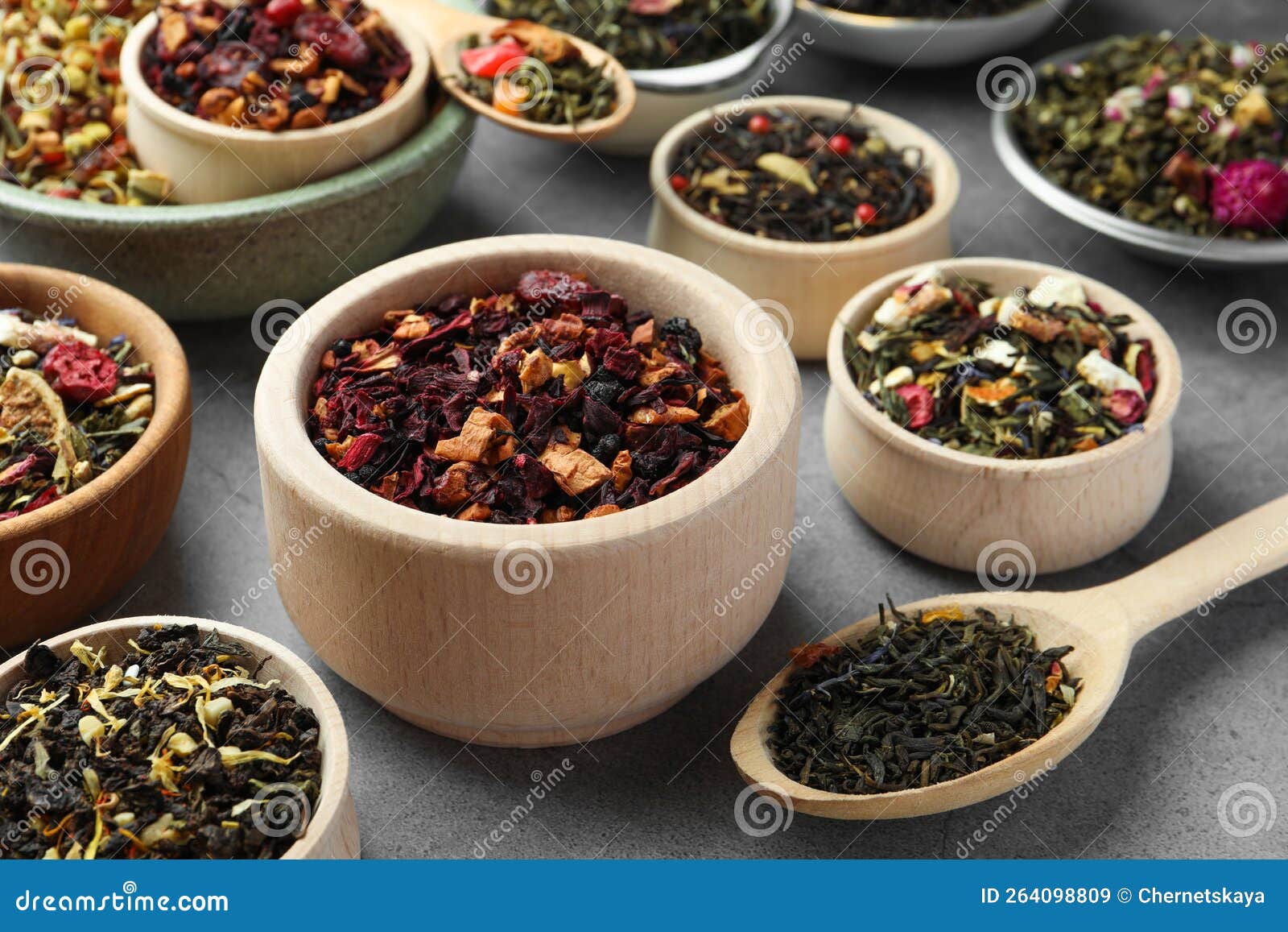 Many Different Herbal Teas on Grey Table Stock Image - Image of flavor ...