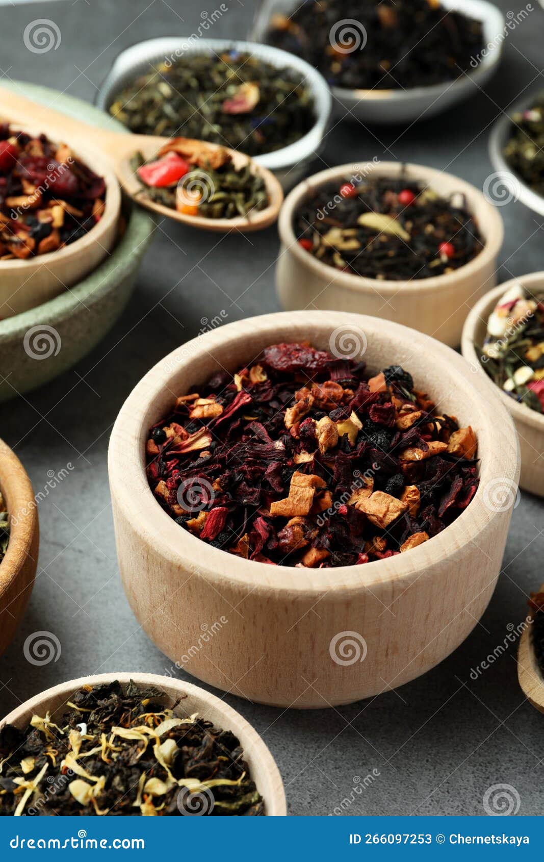 Many Different Herbal Teas on Grey Table Stock Image - Image of ...