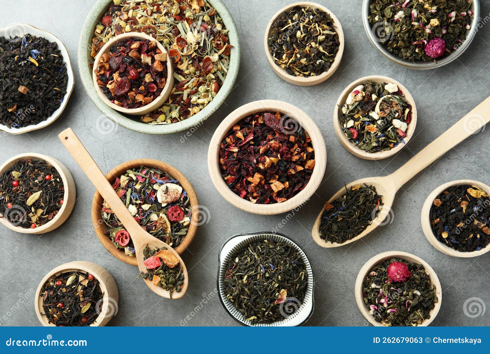 Many Different Herbal Teas on Grey Table, Flat Lay Stock Image - Image ...