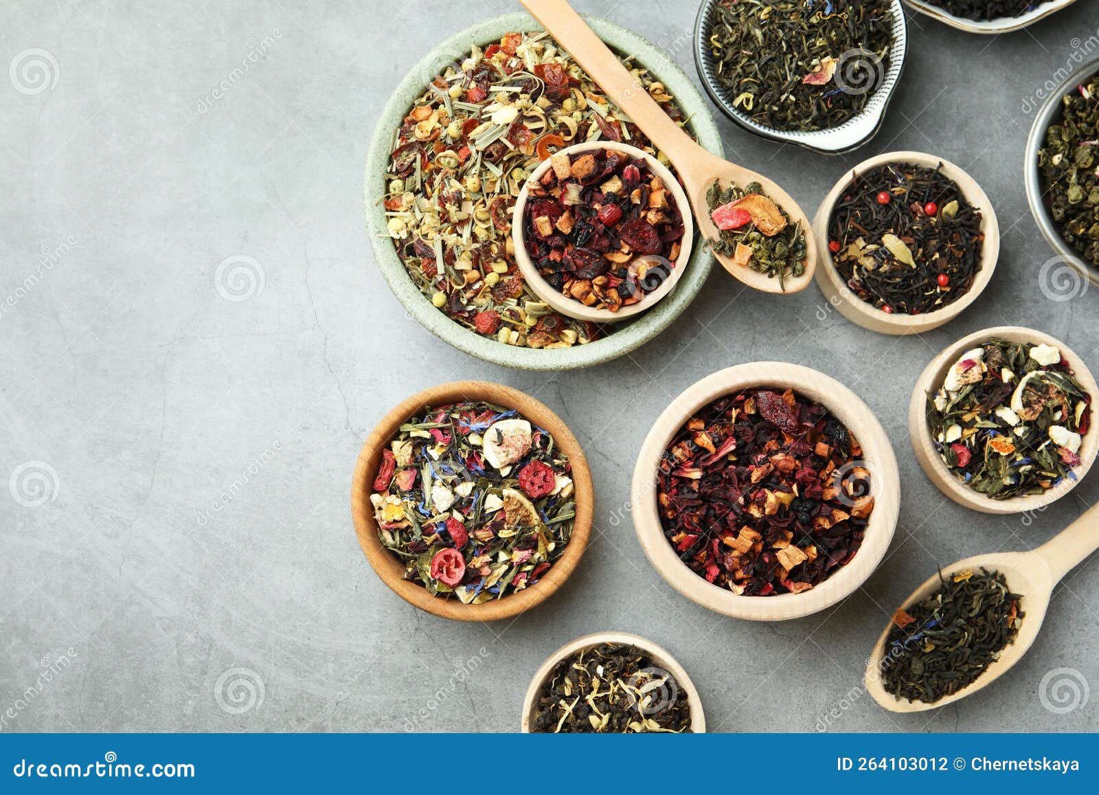 Many Different Herbal Teas on Grey Table, Flat Lay Stock Photo - Image ...