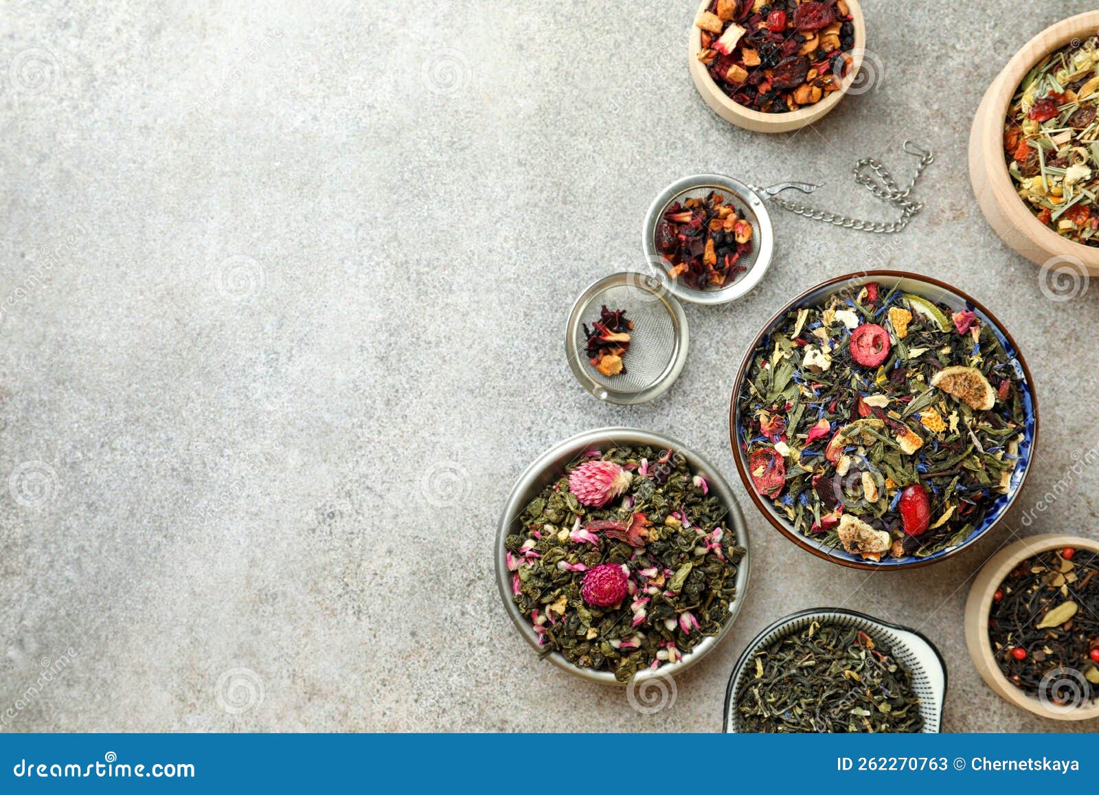 Many Different Herbal Teas on Grey Table, Flat Lay. Space for Text ...