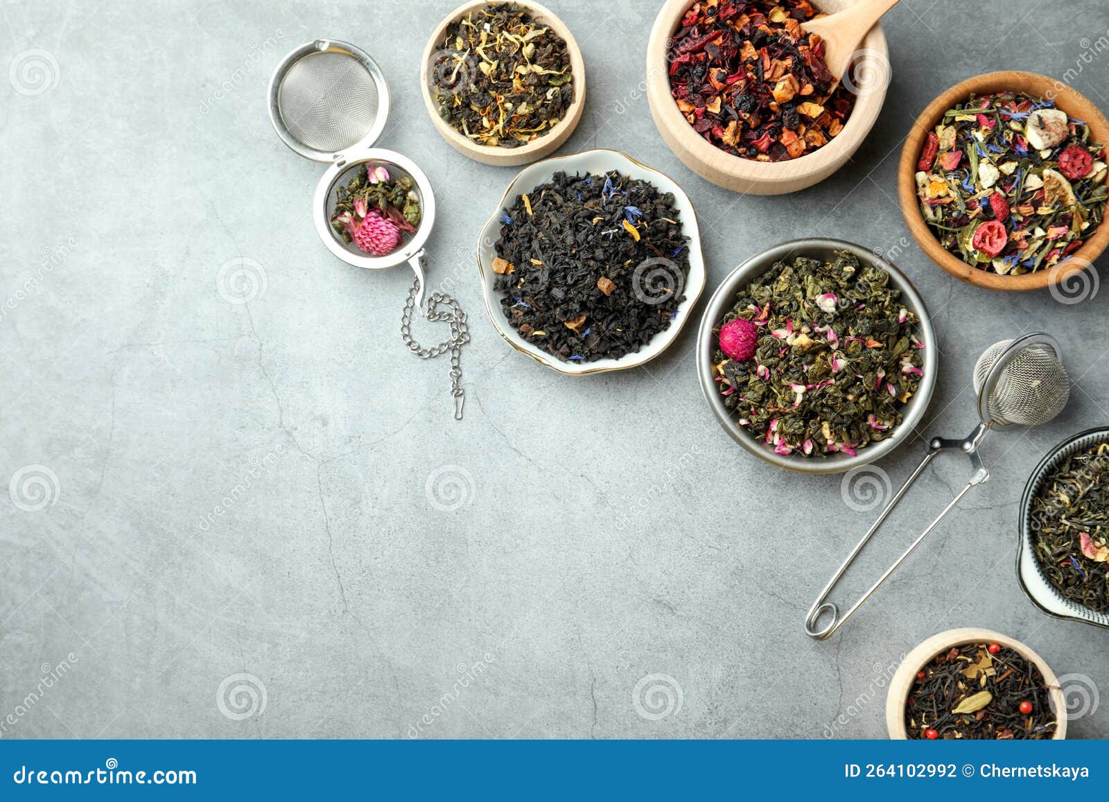 Many Different Herbal Teas on Grey Table, Flat Lay. Space for Text ...