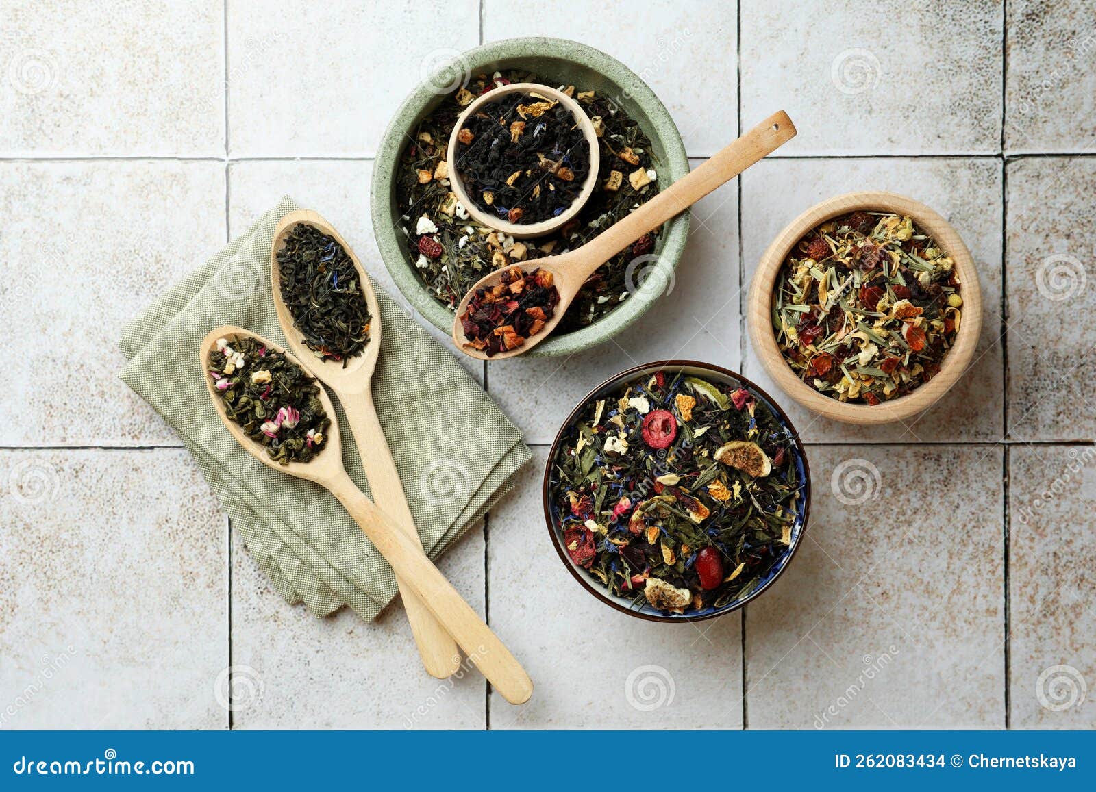 Many Different Herbal Teas on White Tiled Surface, Flat Lay Stock Photo ...