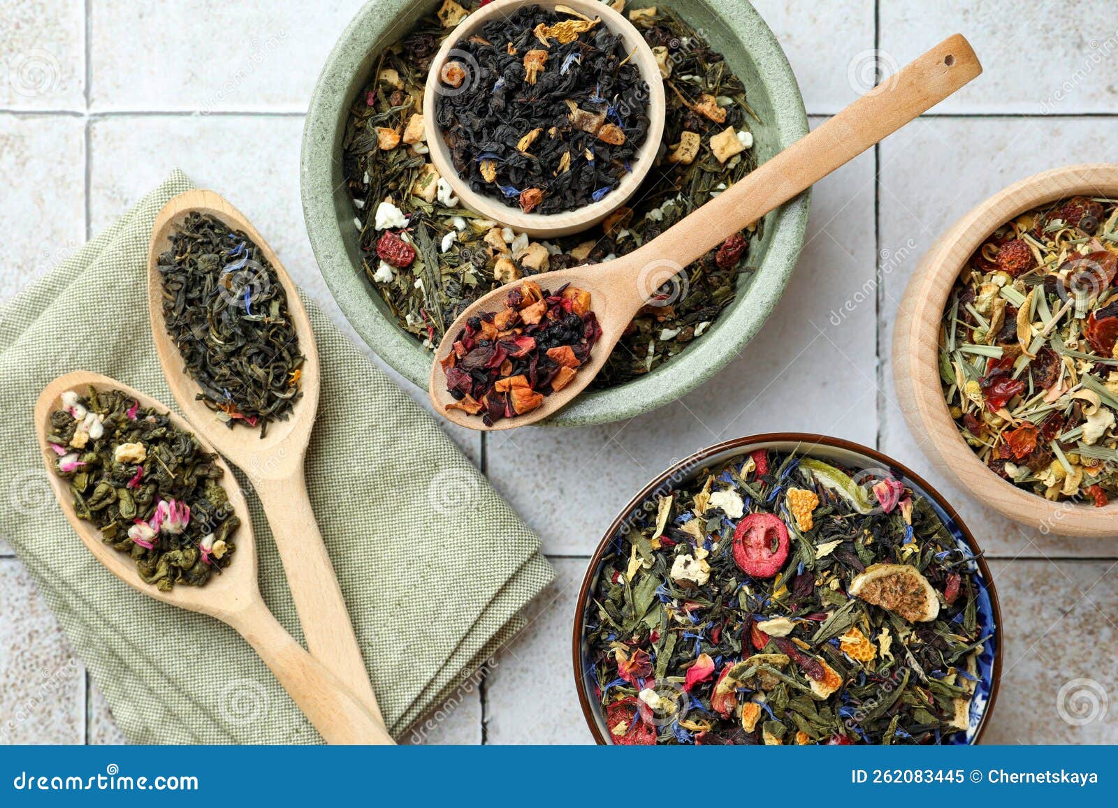 Many Different Herbal Teas on White Tiled Surface, Flat Lay Stock Image ...