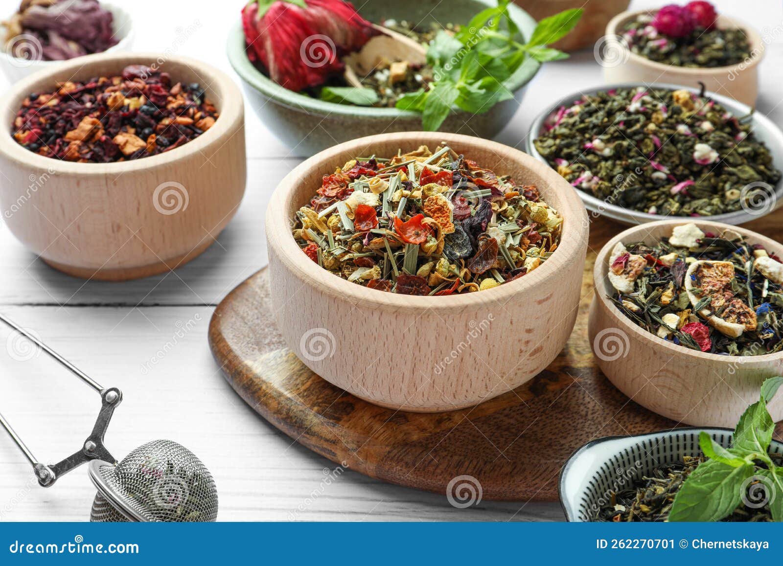 Many Different Herbal Teas on White Wooden Table Stock Image - Image of ...