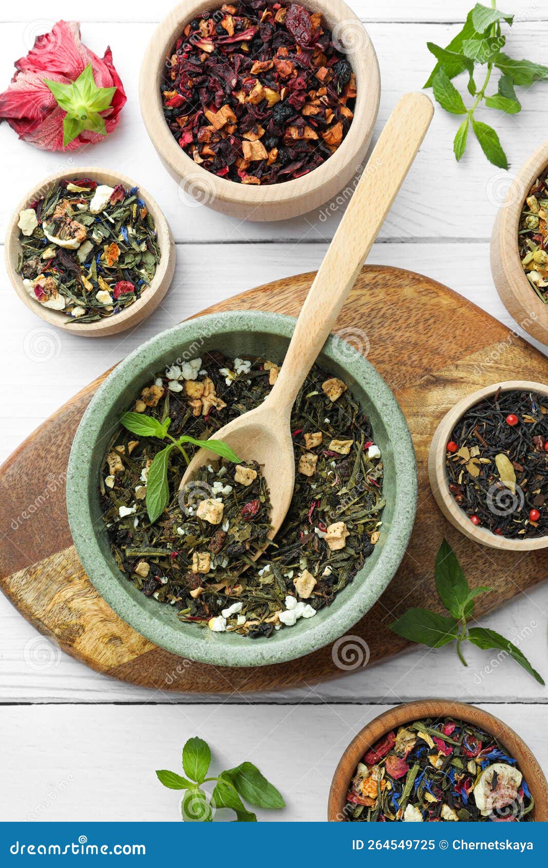 Many Different Herbal Teas on White Wooden Table, Flat Lay Stock Image ...
