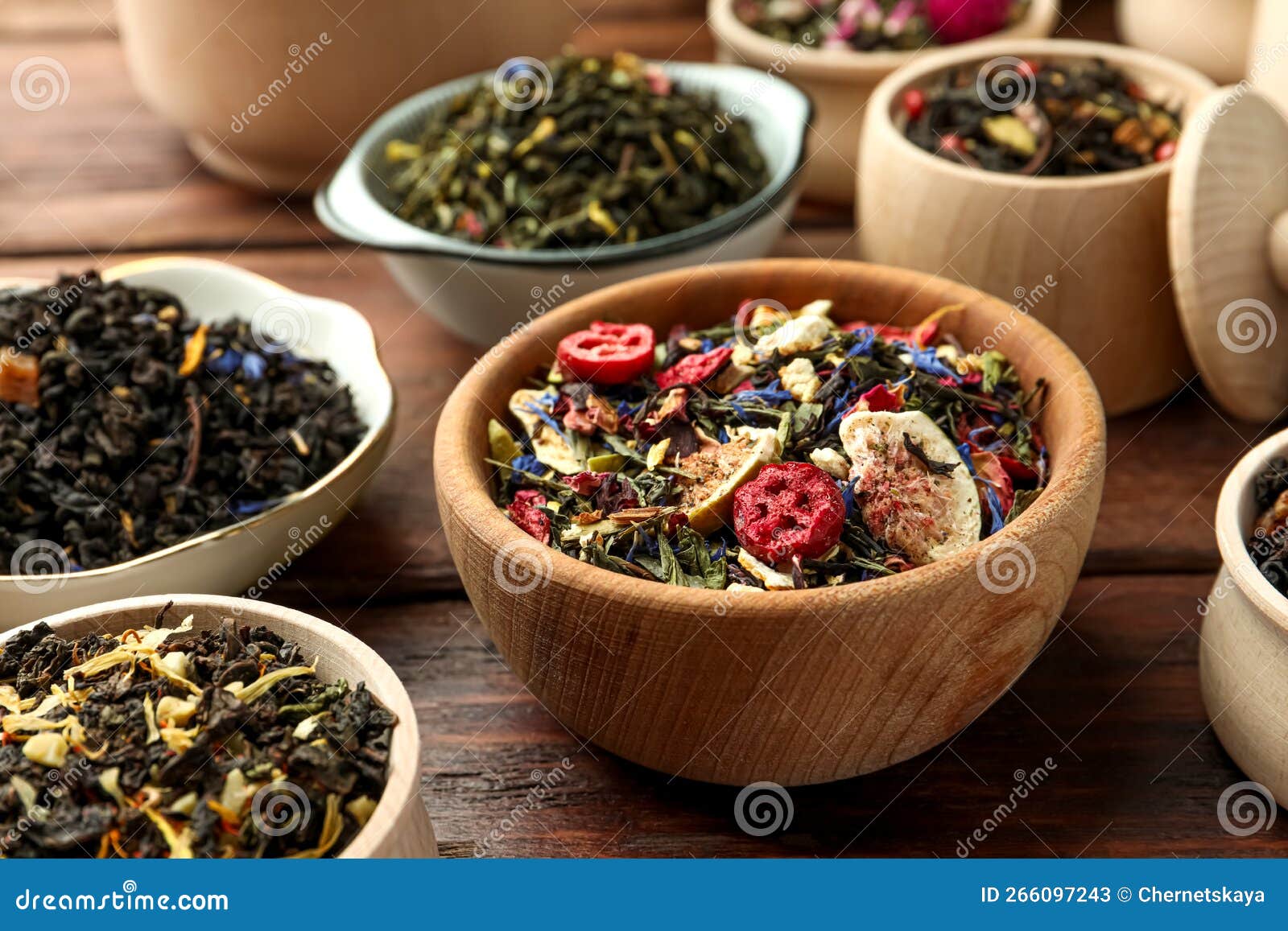 Many Different Herbal Teas on Wooden Table Stock Image - Image of aroma ...