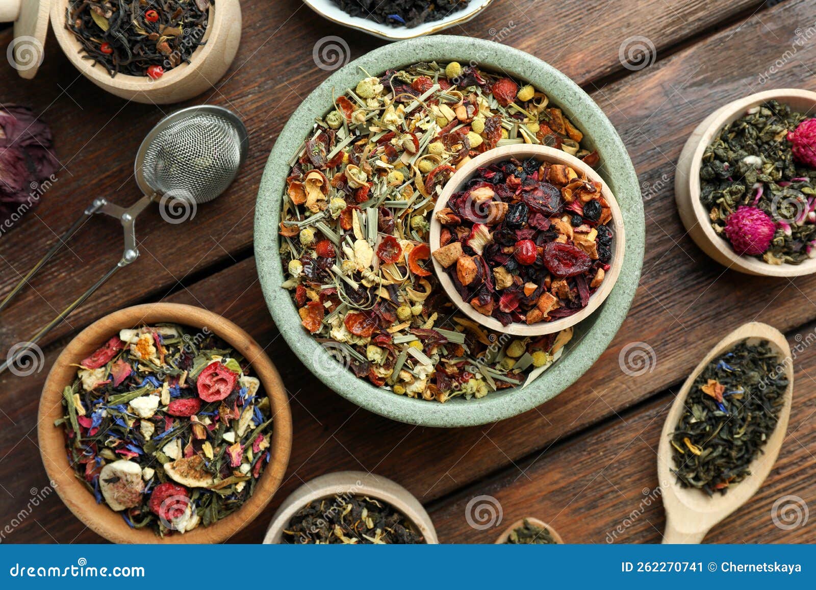 Many Different Herbal Teas on Wooden Table, Flat Lay Stock Image ...