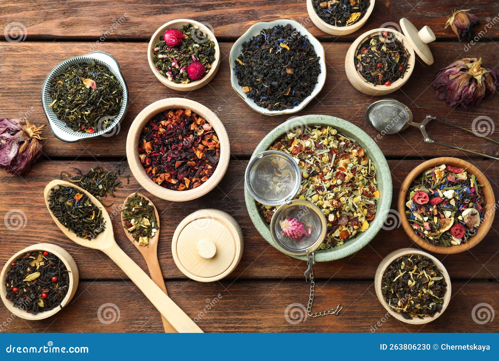 Many Different Herbal Teas on Wooden Table, Flat Lay Stock Photo ...