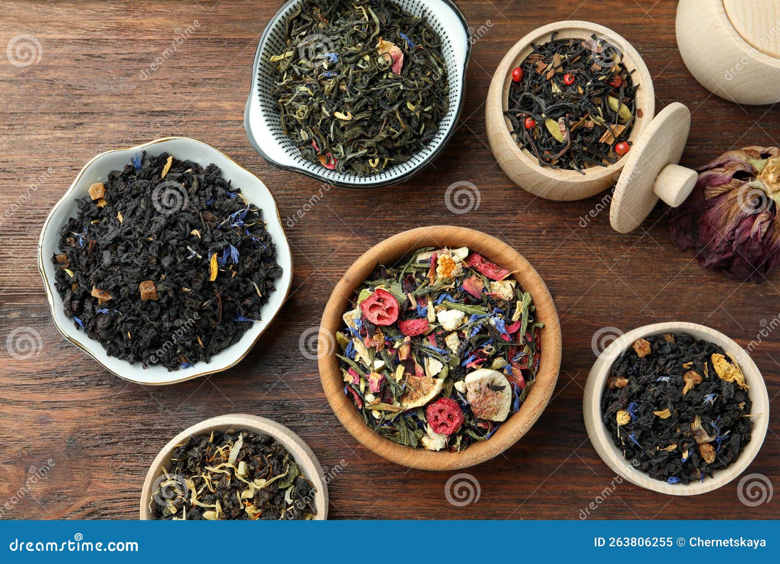 Many Different Herbal Teas on Wooden Table, Flat Lay Stock Image ...