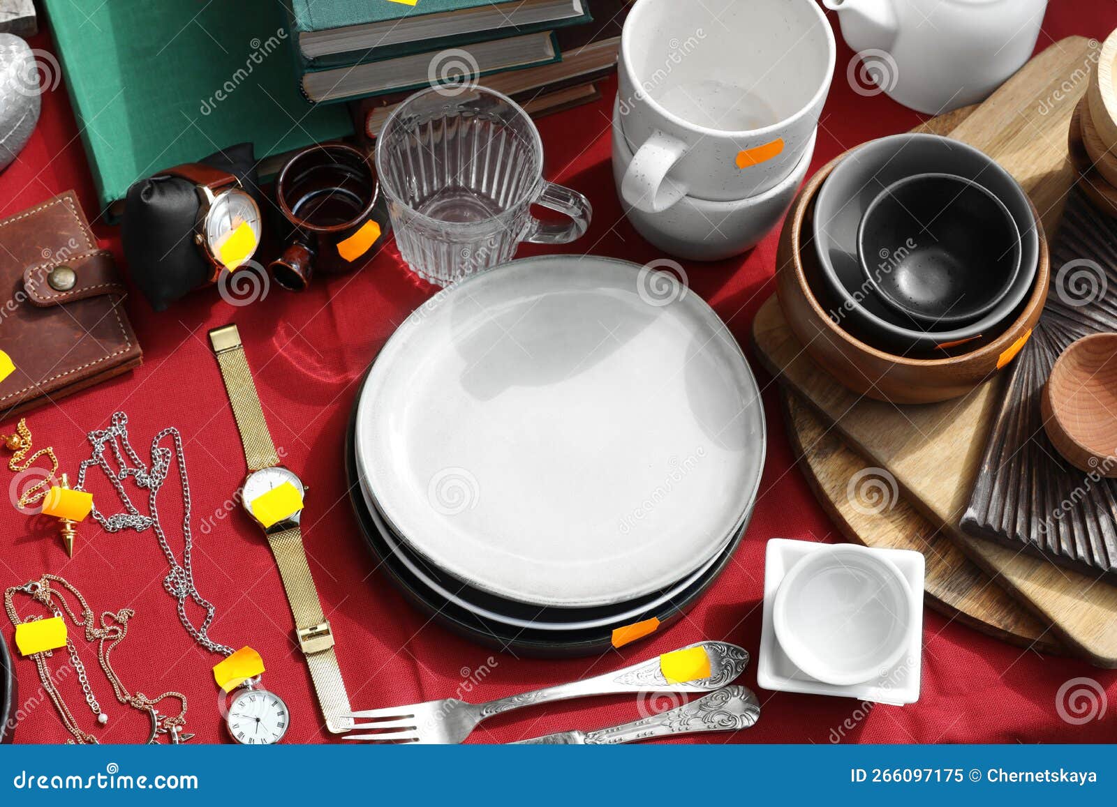 Many Different Items on Table Outdoors, Above View. Garage Sale Stock ...