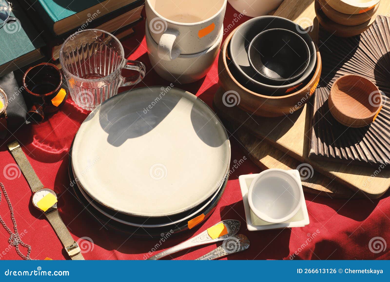 Many Different Items on Table Outdoors, Above View. Garage Sale Stock ...